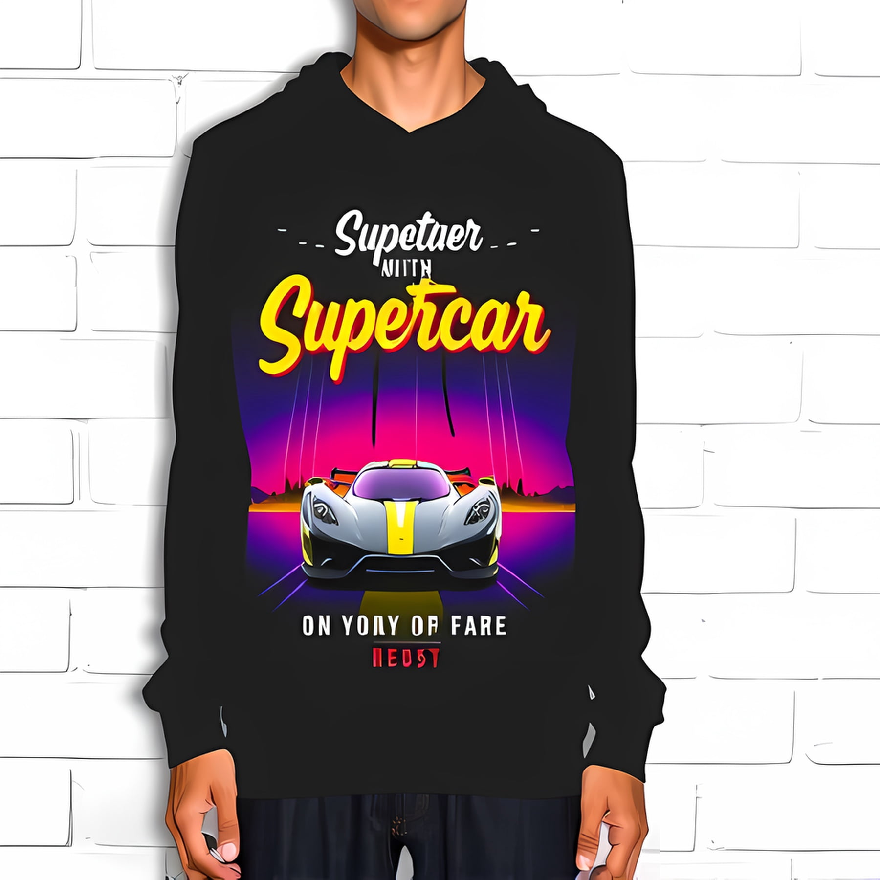 Vibrant 3D Hoodie with Grey Supercar Design & Retro 80s Sunset ...