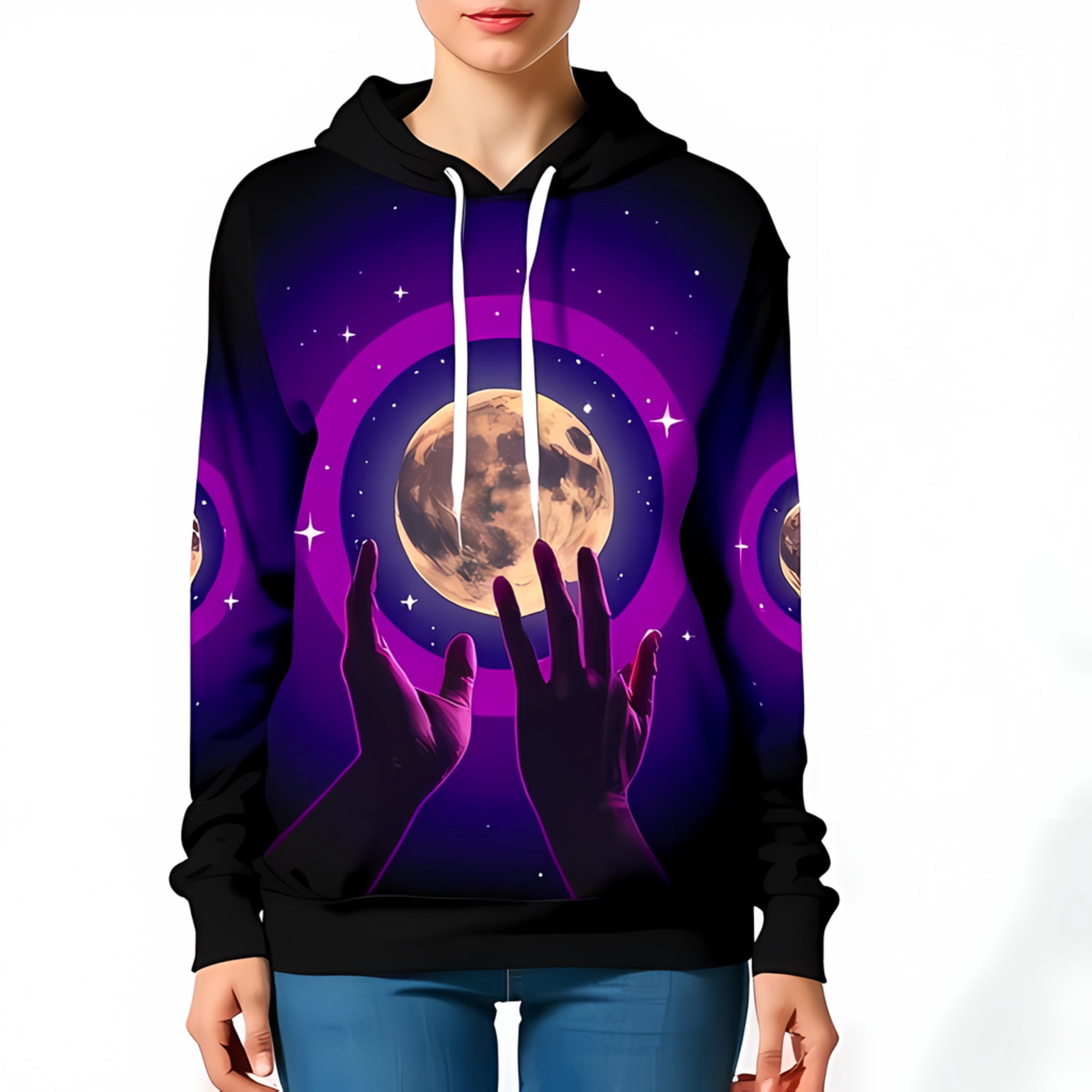 Vibrant 3D Hoodie with Purple Hands Reaching for Full Moon - Mystical ...