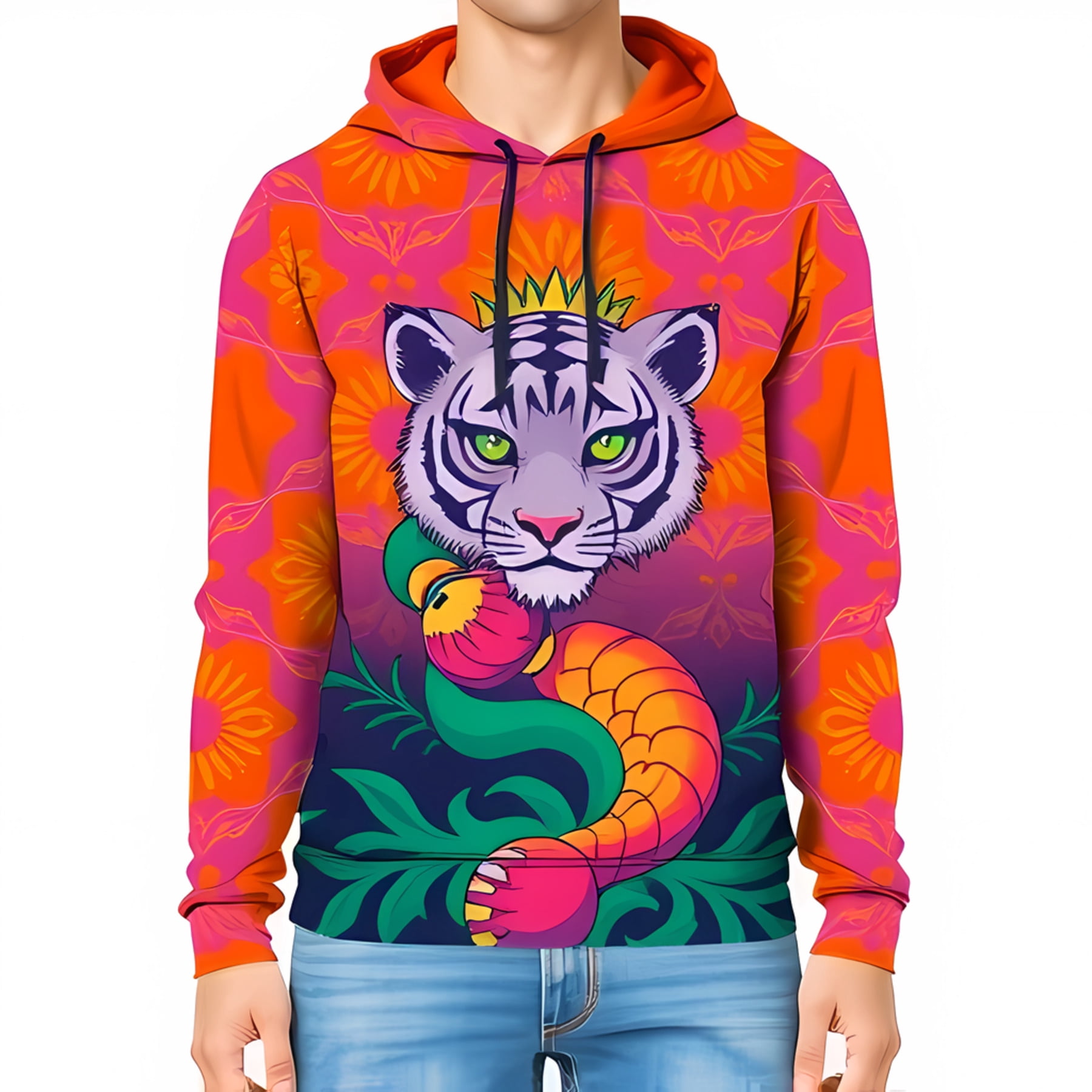 Vibrant 3D Hoodie with Stylized White Tiger & Golden Crown Colorful ...