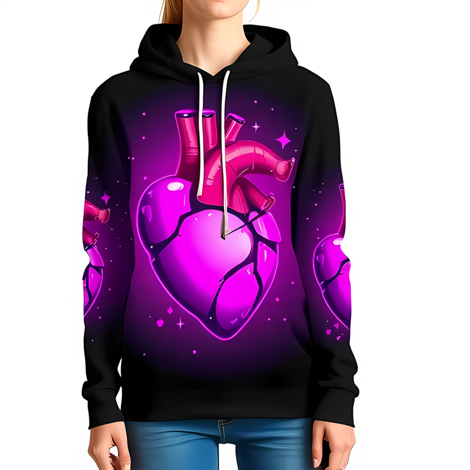 Vibrant 3D Human Heart Hoodie - Glossy Pink Design on Deep Purple ...
