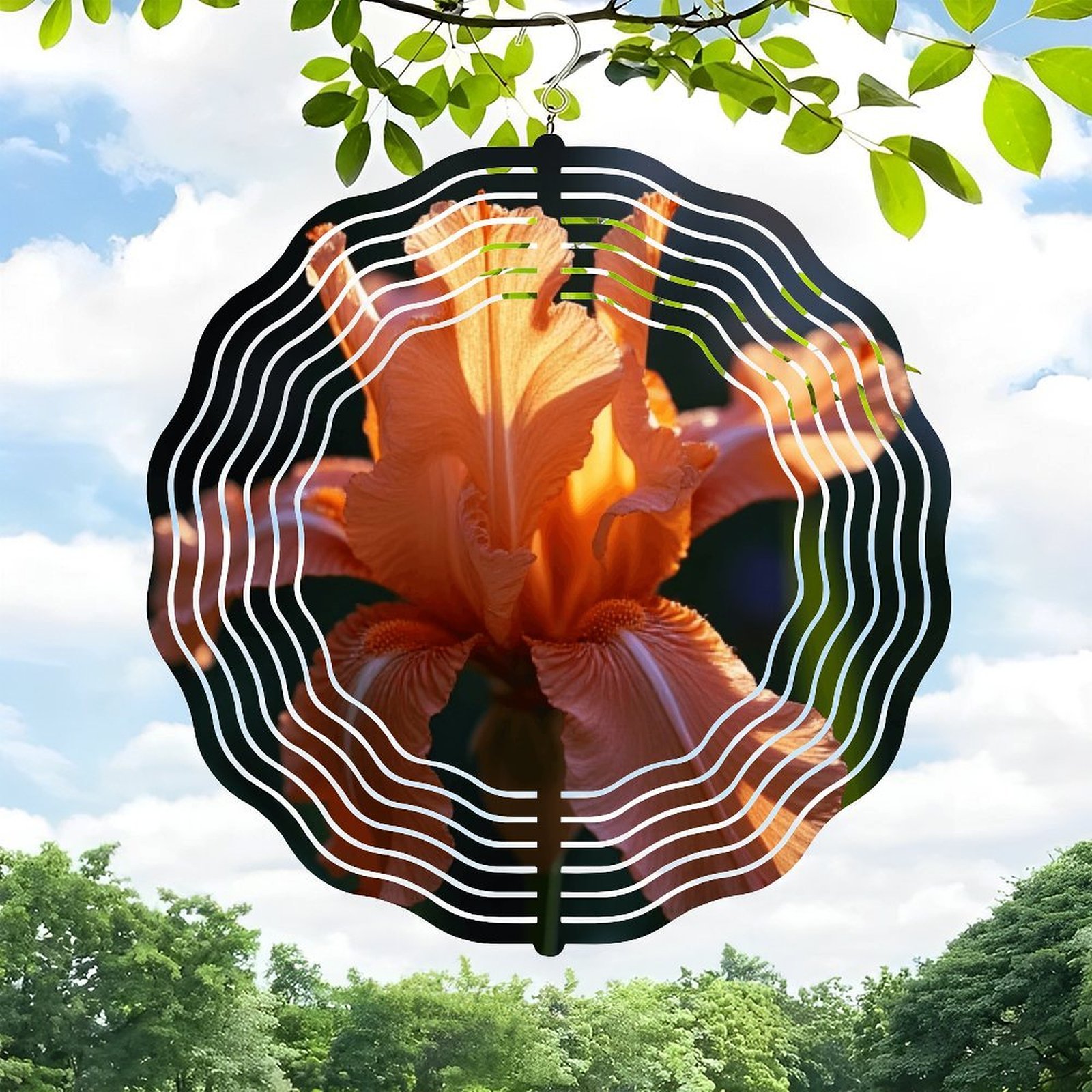 Vibrant 3D Metal Hanging Wind Spinner - Orange Iris Flower Design with ...