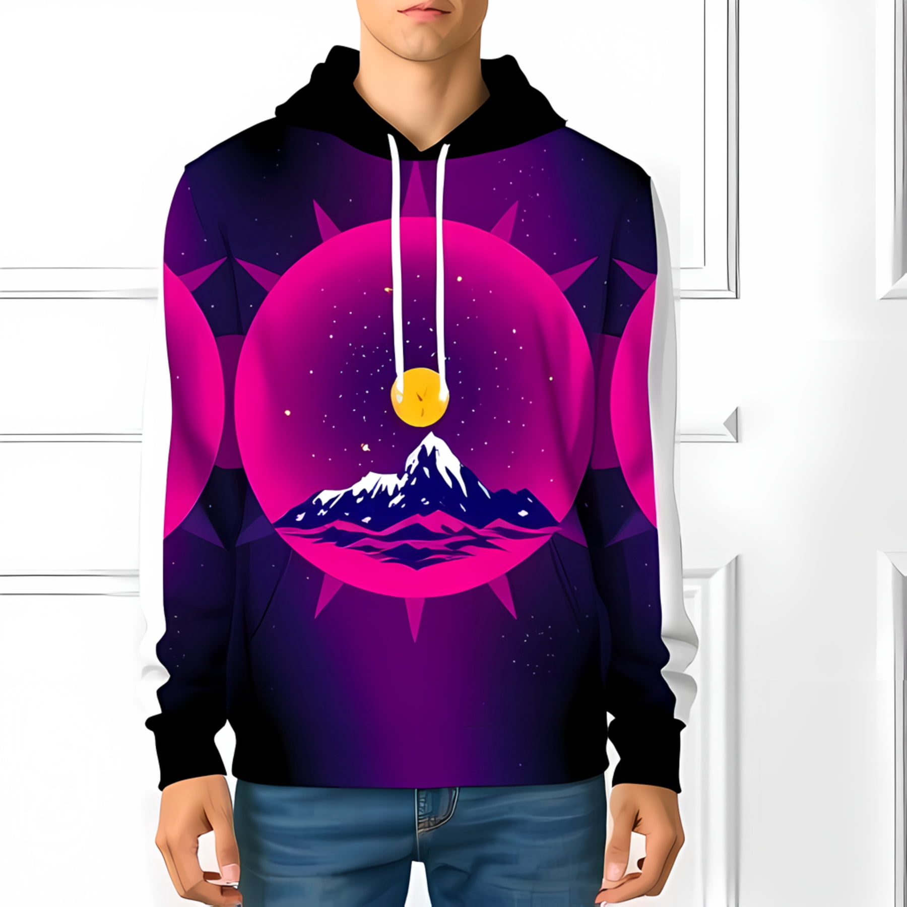 Vibrant 3D Mountain Range Hoodie with Sun and Orbs - Unique Urban ...