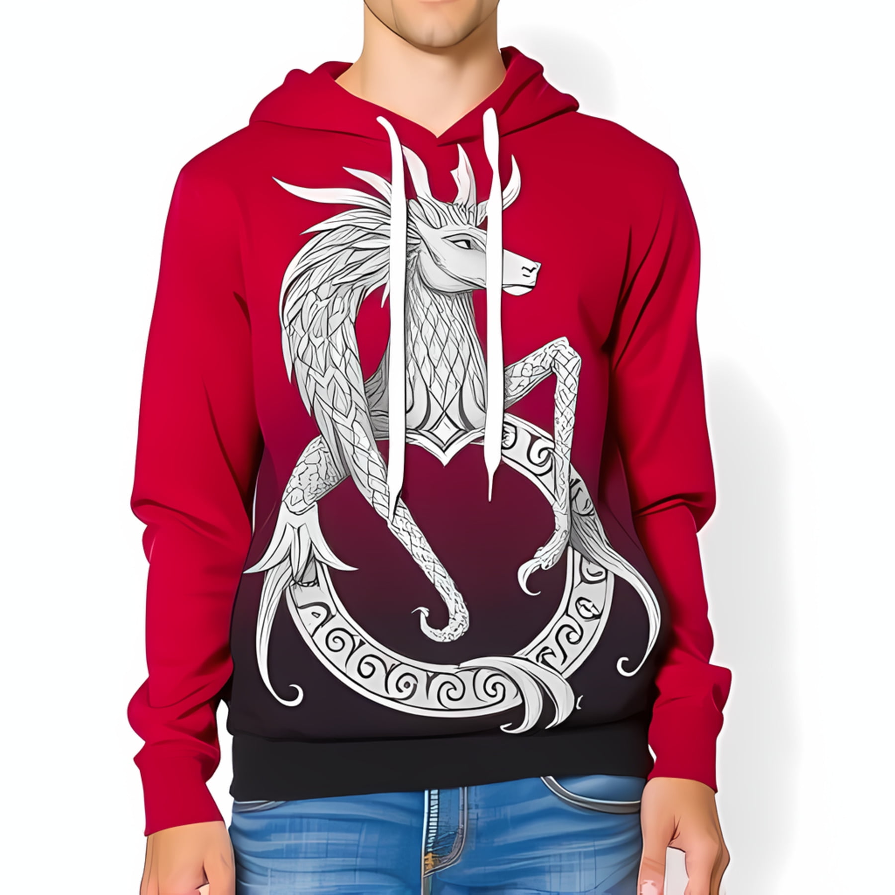Vibrant 3D Mythical Creature Hoodie - Gradient Red to Dark with ...