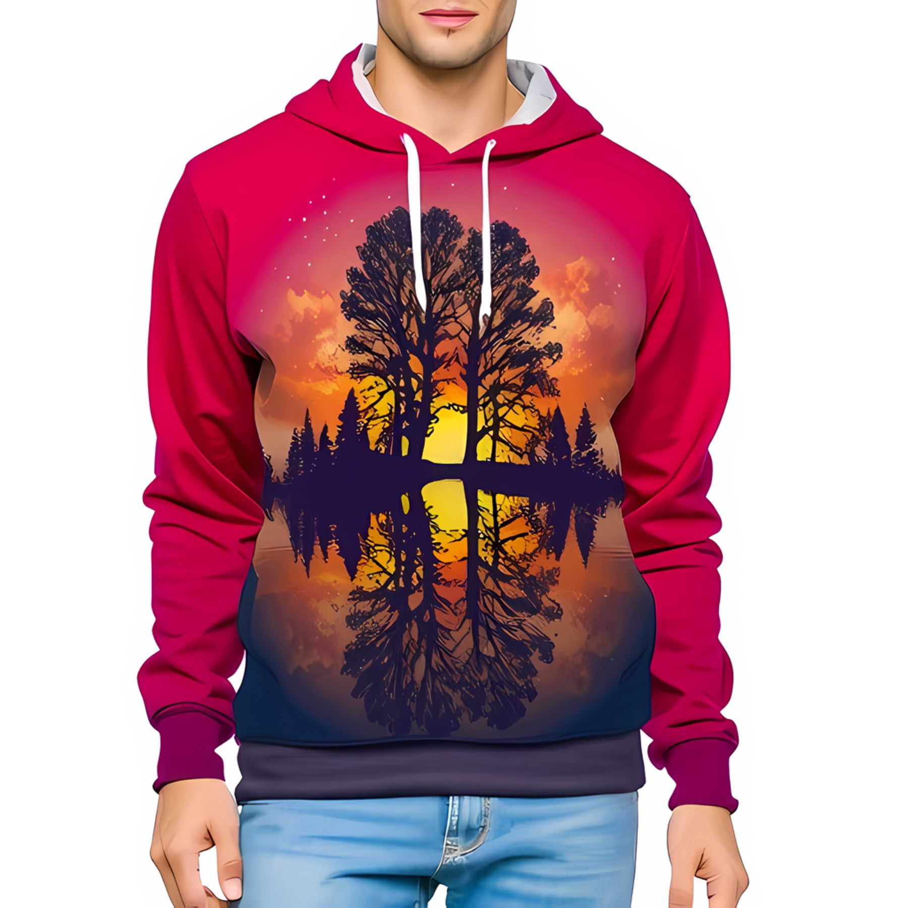 Vibrant 3D Nature Sunset Hoodie with Pine Tree Silhouettes and ...