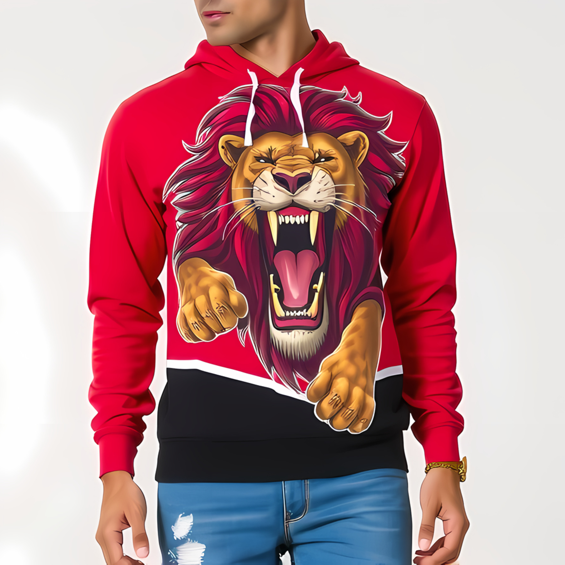 Vibrant 3D Red Lion Graphic Hoodie for Men - Fierce Roaring Lion Design ...