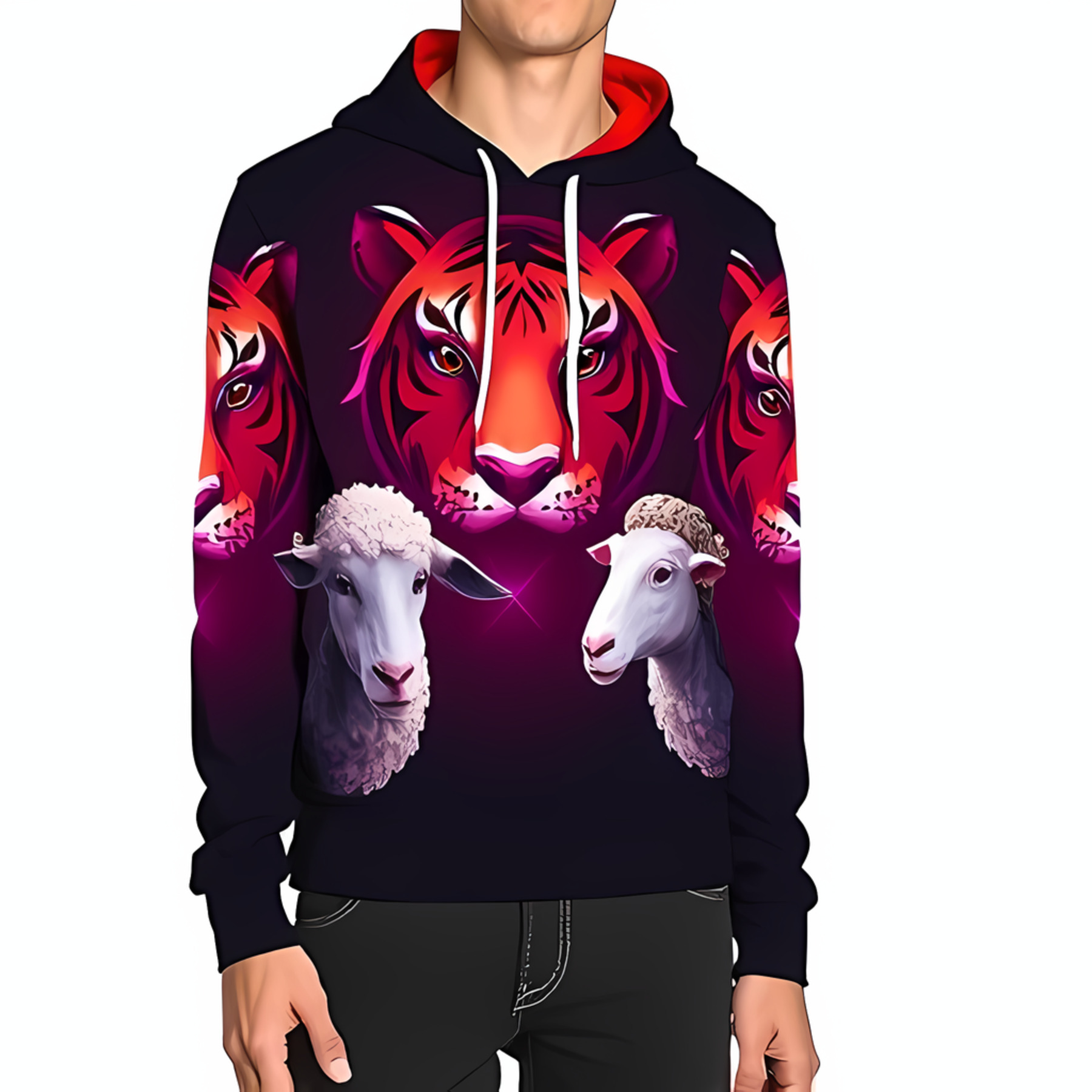 Vibrant 3D Tiger and Sheep Graphic Hoodie Dark Background with Red ...