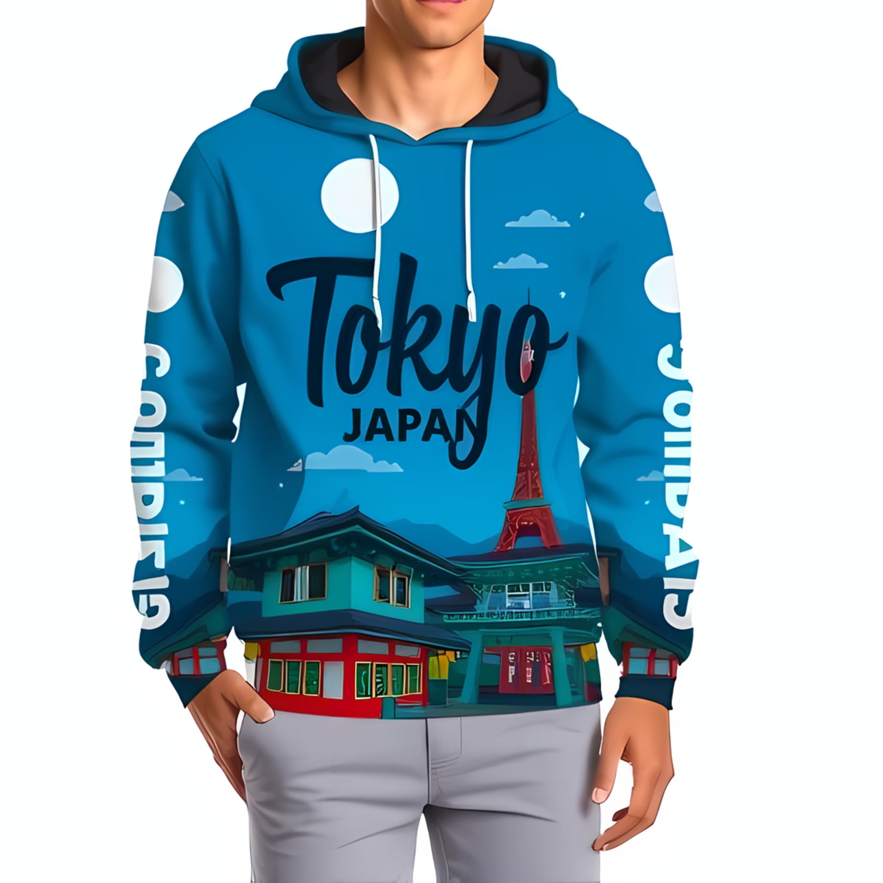 Vibrant 3D Tokyo JAPAN Hoodie for Men - Bright Blue with Iconic ...