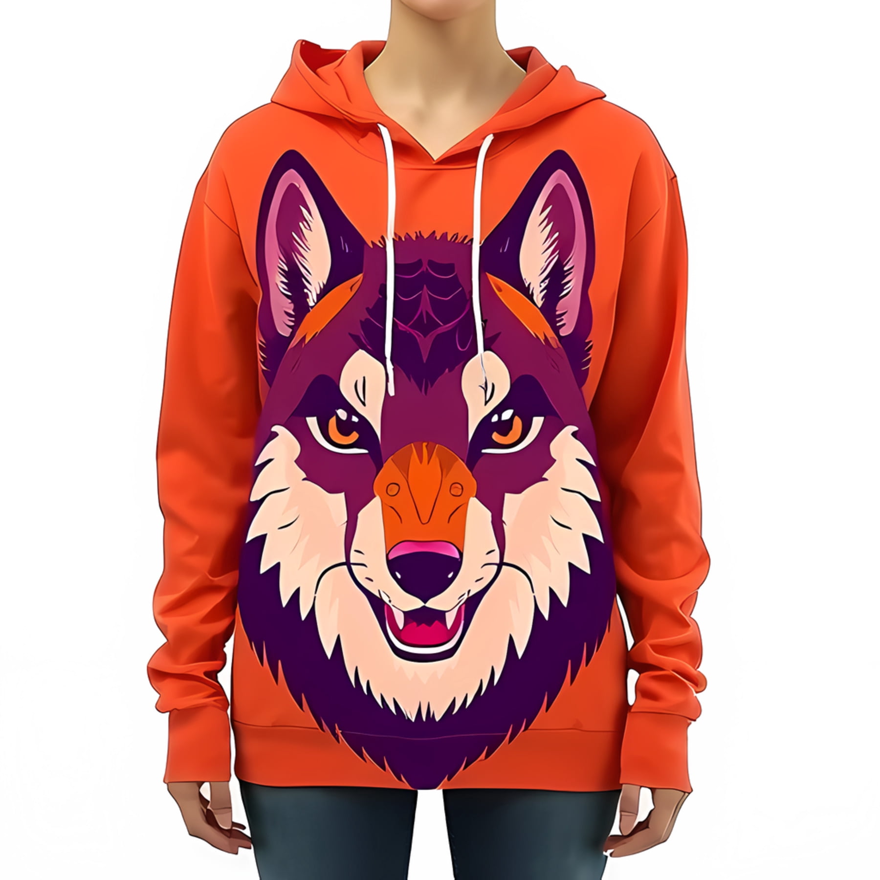 Vibrant 3D Wolf Graphic Hoodie - Bold Orange Design with Fierce Eyes ...