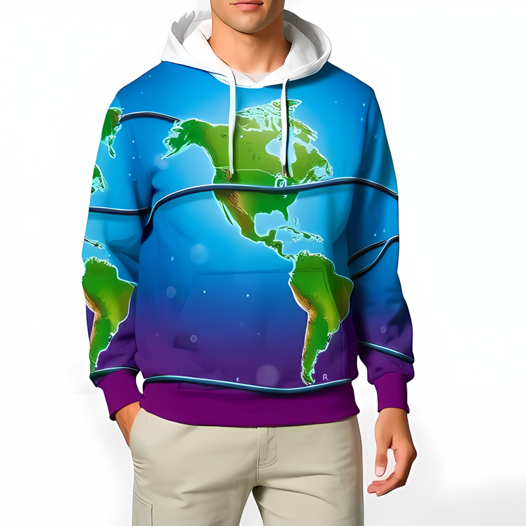 Vibrant 3D World Map Hoodie Blue & Purple with Green Continents Stylish ...