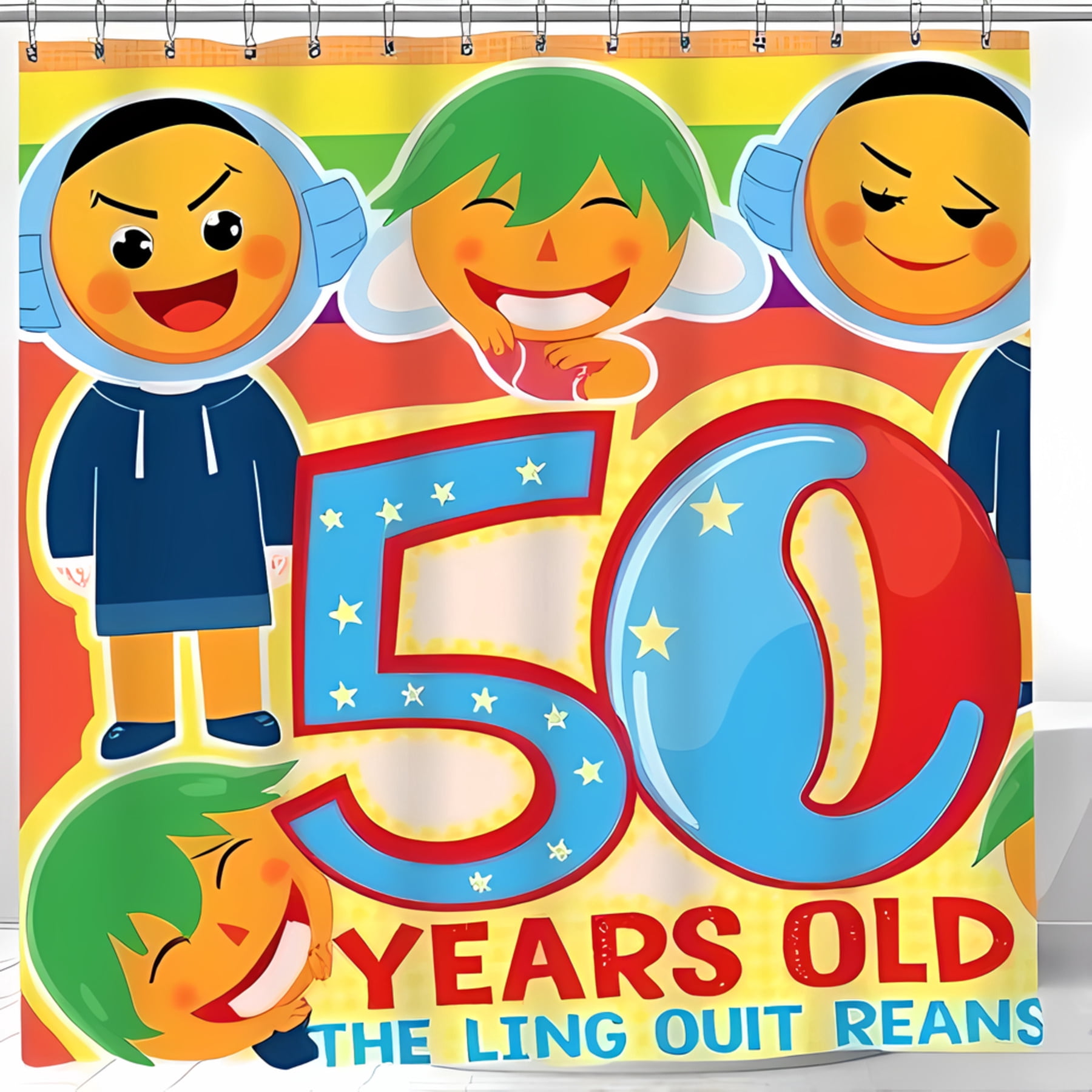 Vibrant 50th Birthday Shower Curtain with Cartoon Characters Bold Blue ...