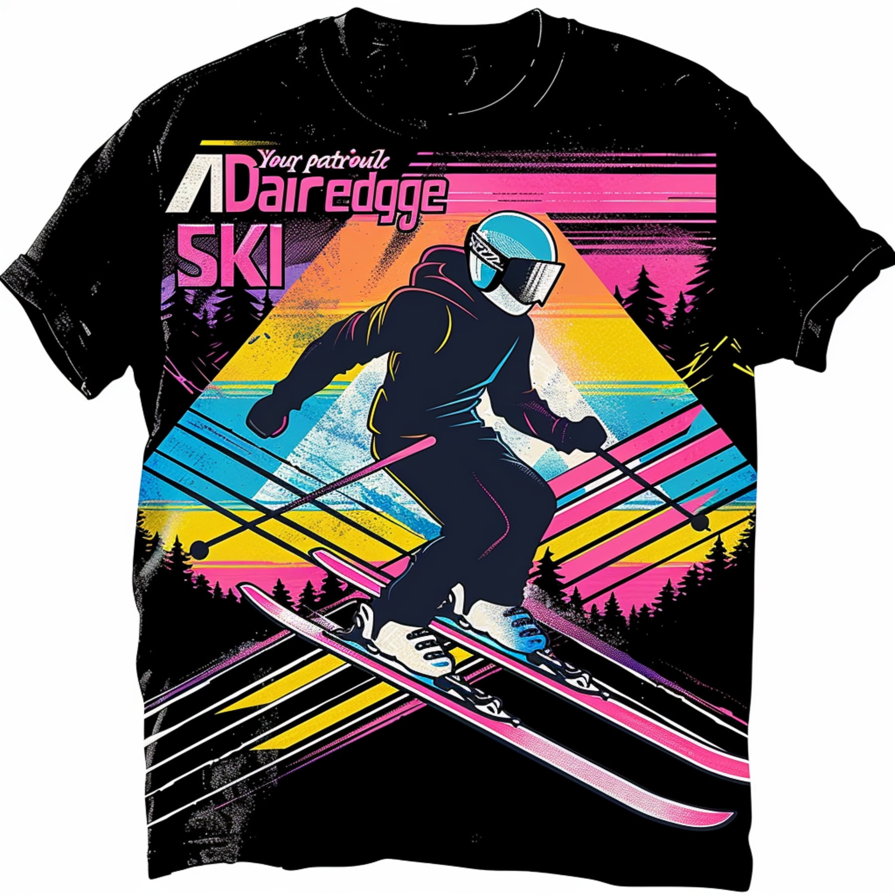 Vibrant 80s Synthwave Skier Design Black TShirt Action Movie Scene ...