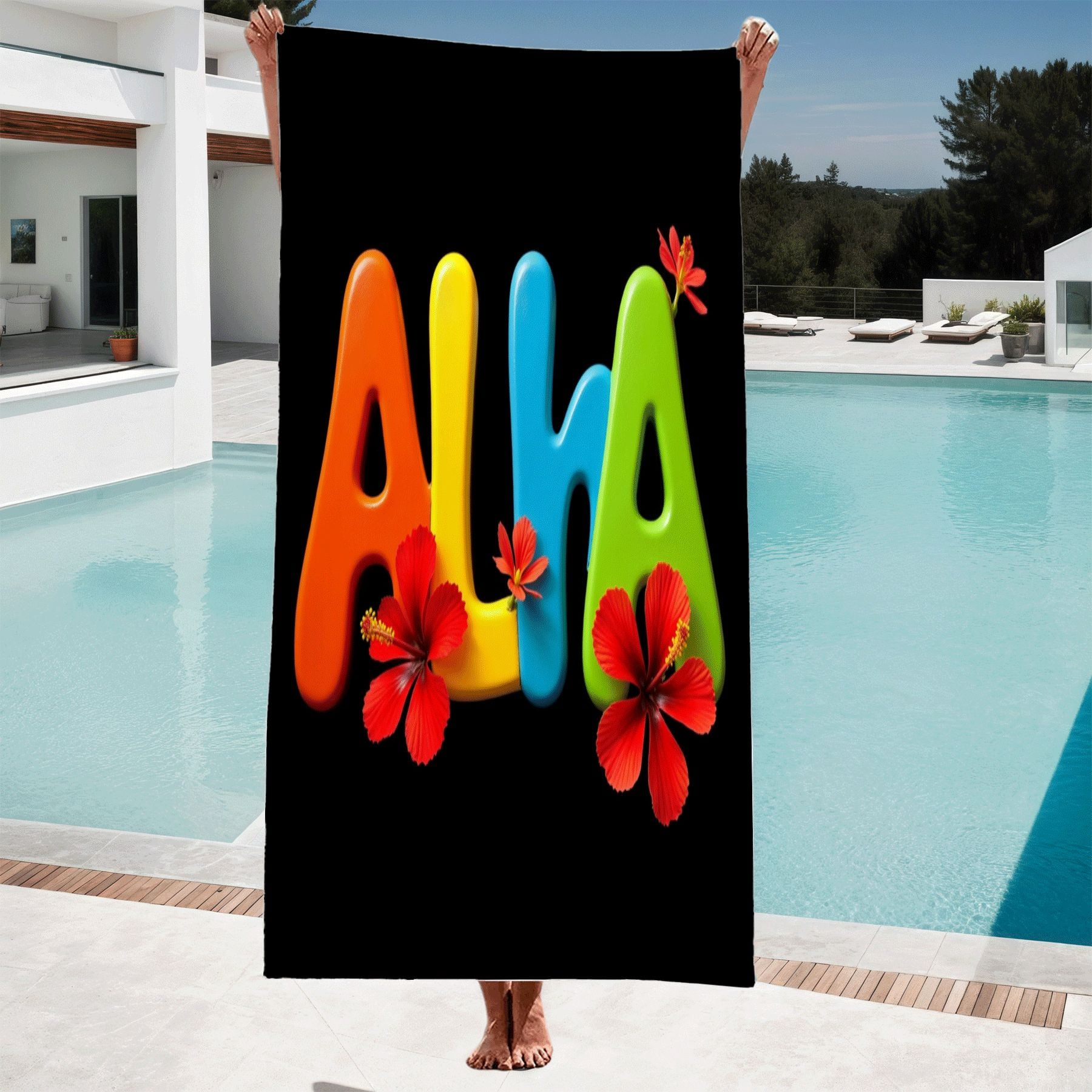 Vibrant " ALKA " 3D Text Beach Towel with Tropical Flowers - Perfect ...