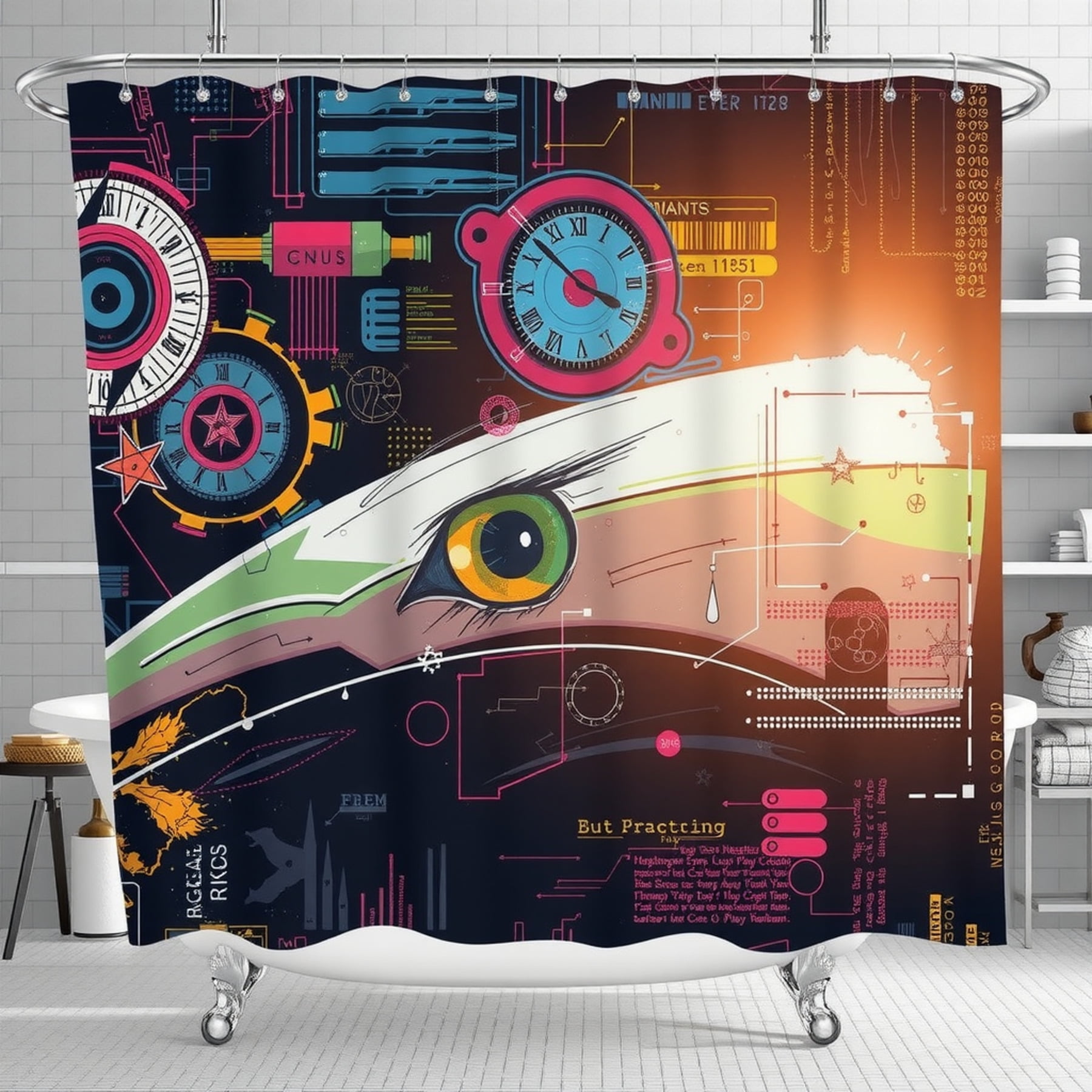 Vibrant Abstract Eye Shower Curtain with Geometric Shapes & Clocks ...