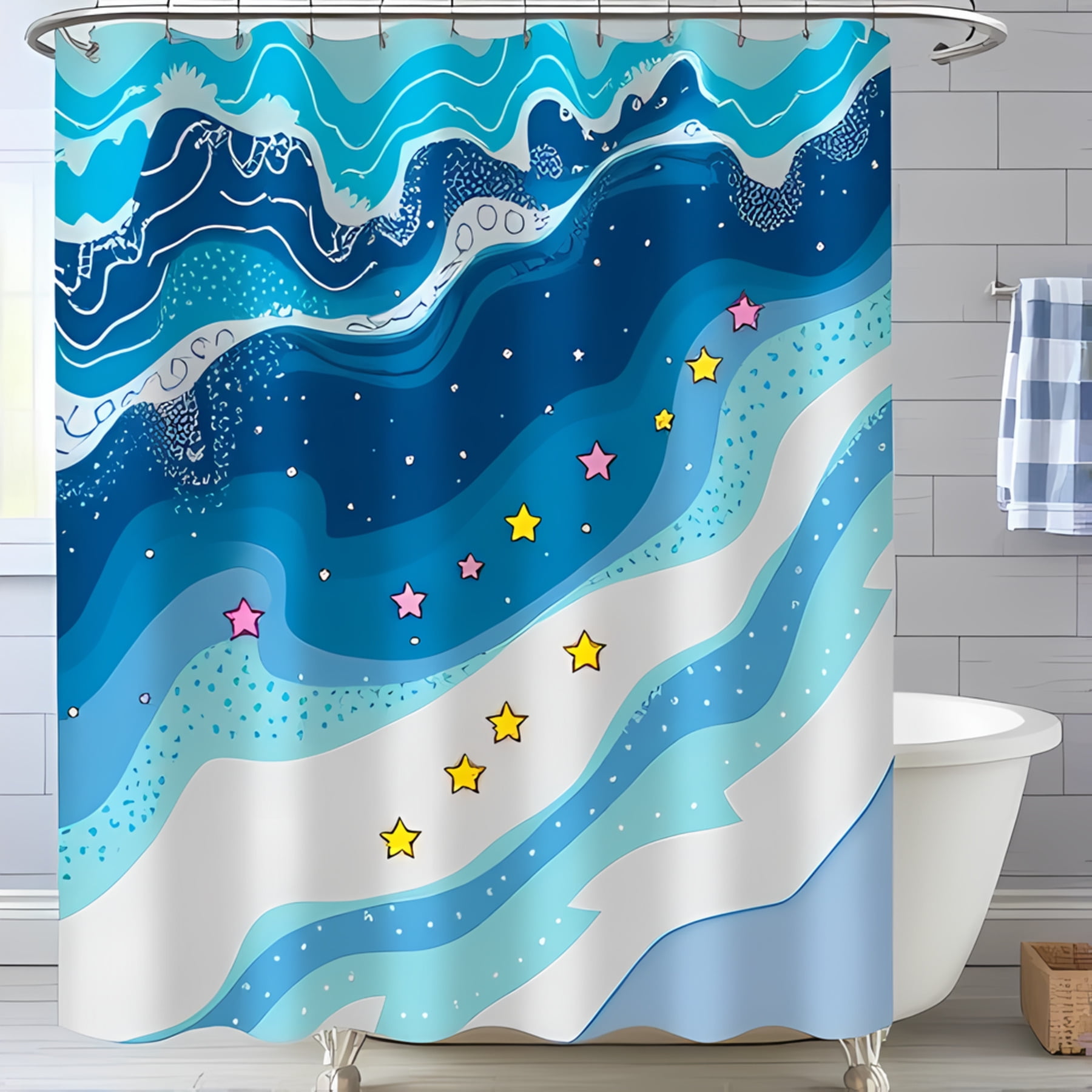 Vibrant Abstract Ocean Wave Shower Curtain - Wavy Blue & White Design ...