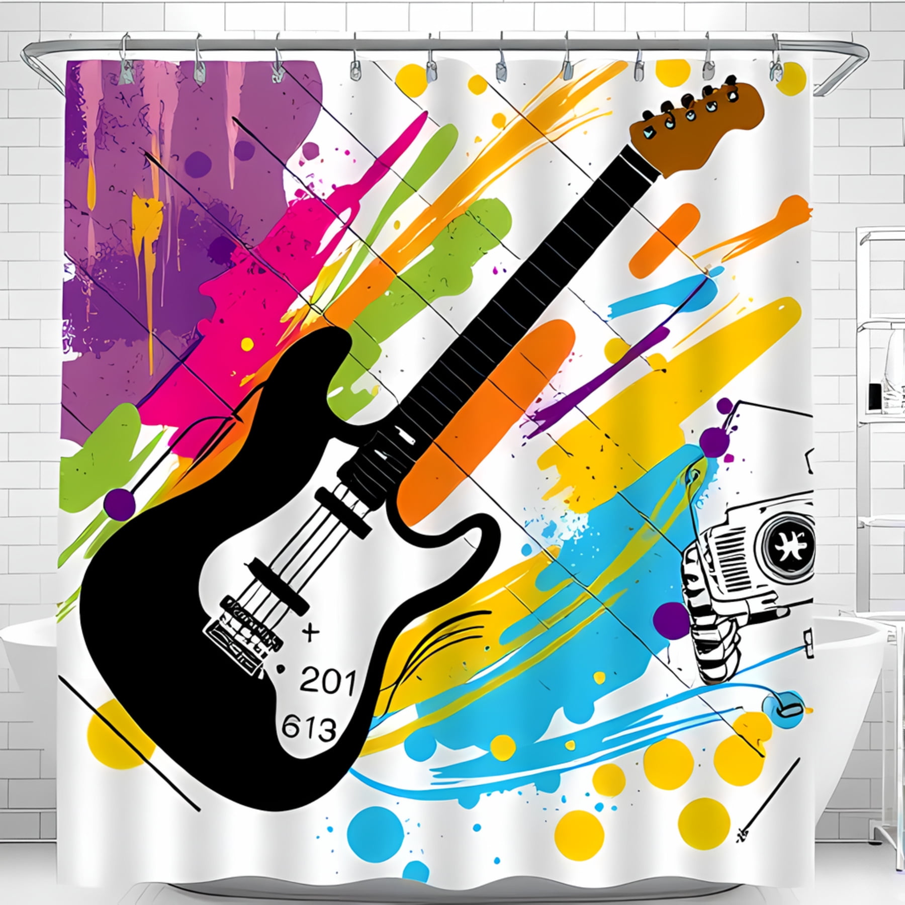 Vibrant Abstract Shower Curtain with Electric Guitar & Colorful Splashes - Unique Art Design for ...