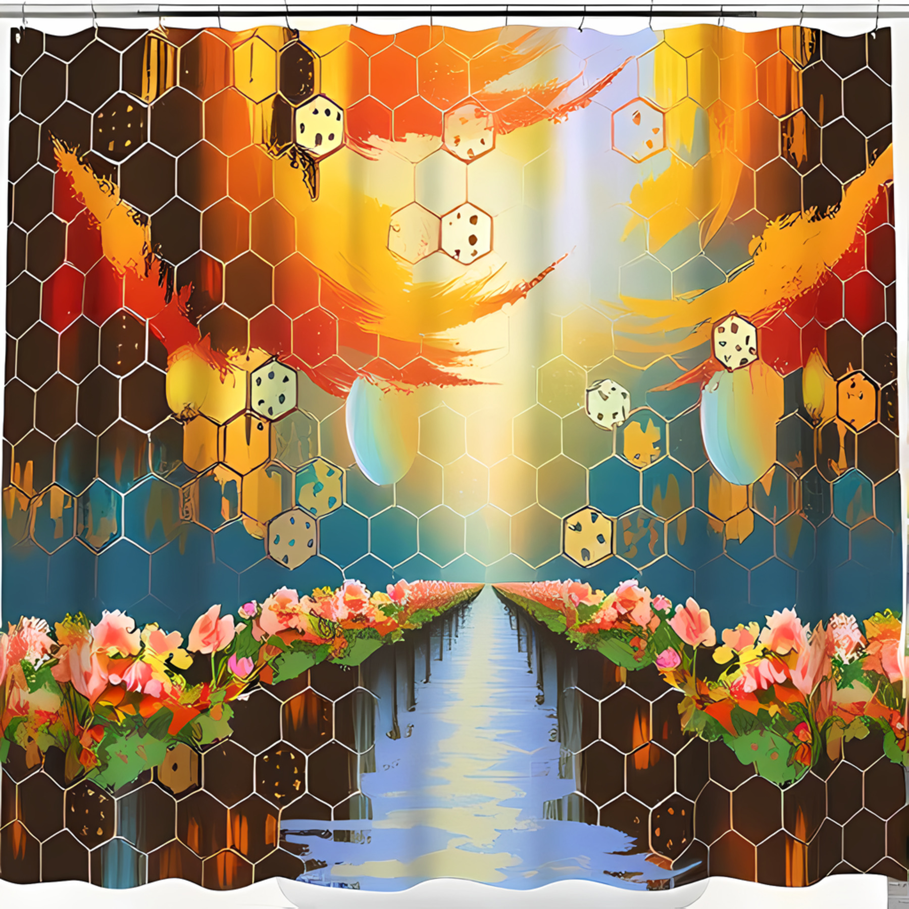 Vibrant Abstract Shower Curtain with Hexagonal Pattern Colorful Floral ...