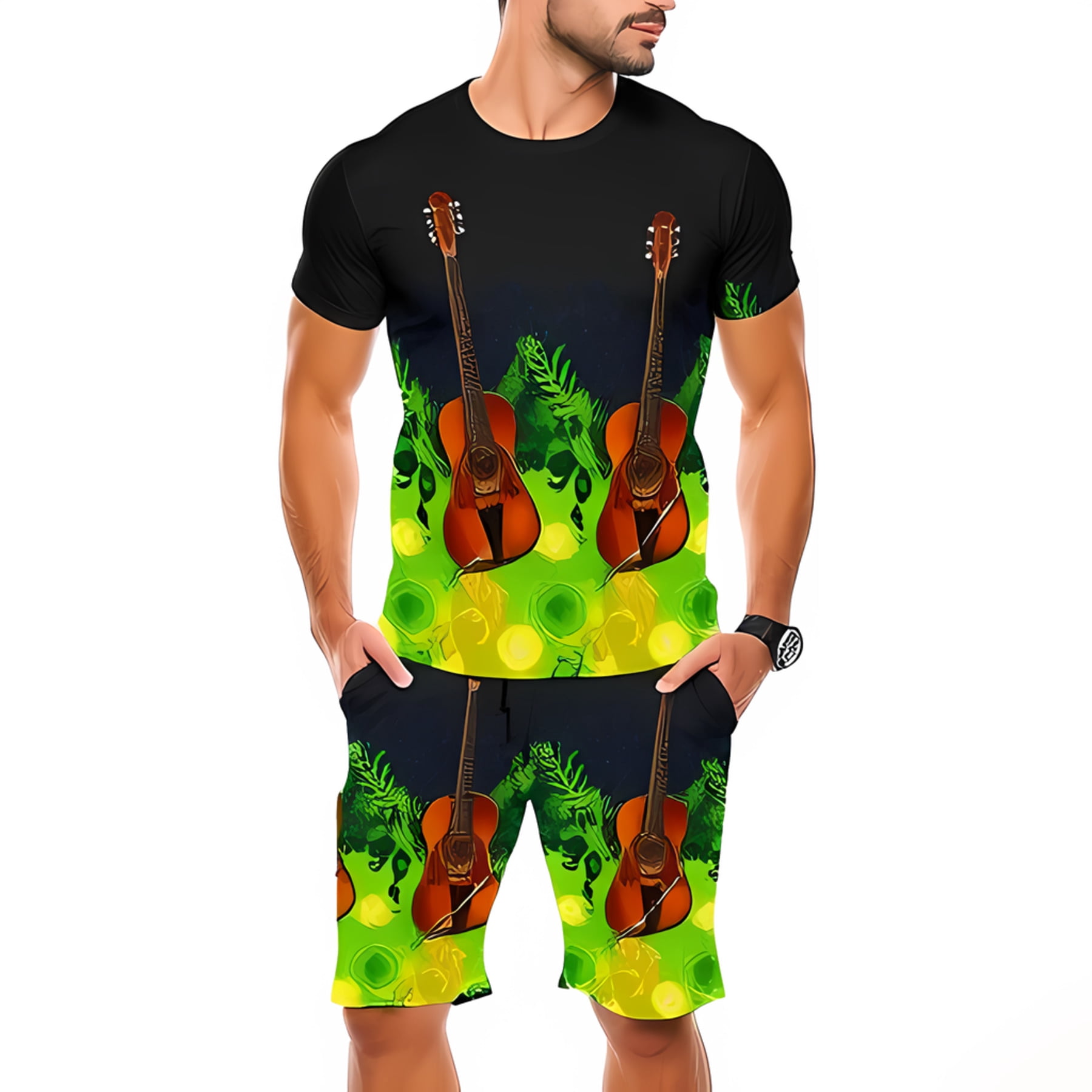 Vibrant Acoustic Guitar & Green Foliage T-Shirt and Shorts Set ...