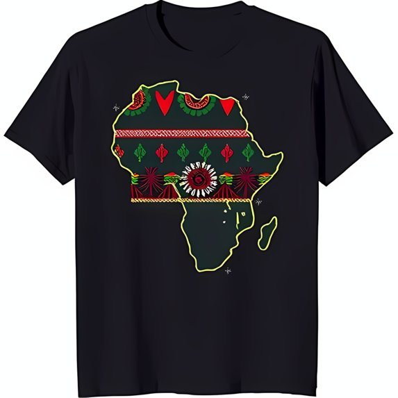 Vibrant African Continent Graphic Black T-Shirt with Geometric Patterns ...