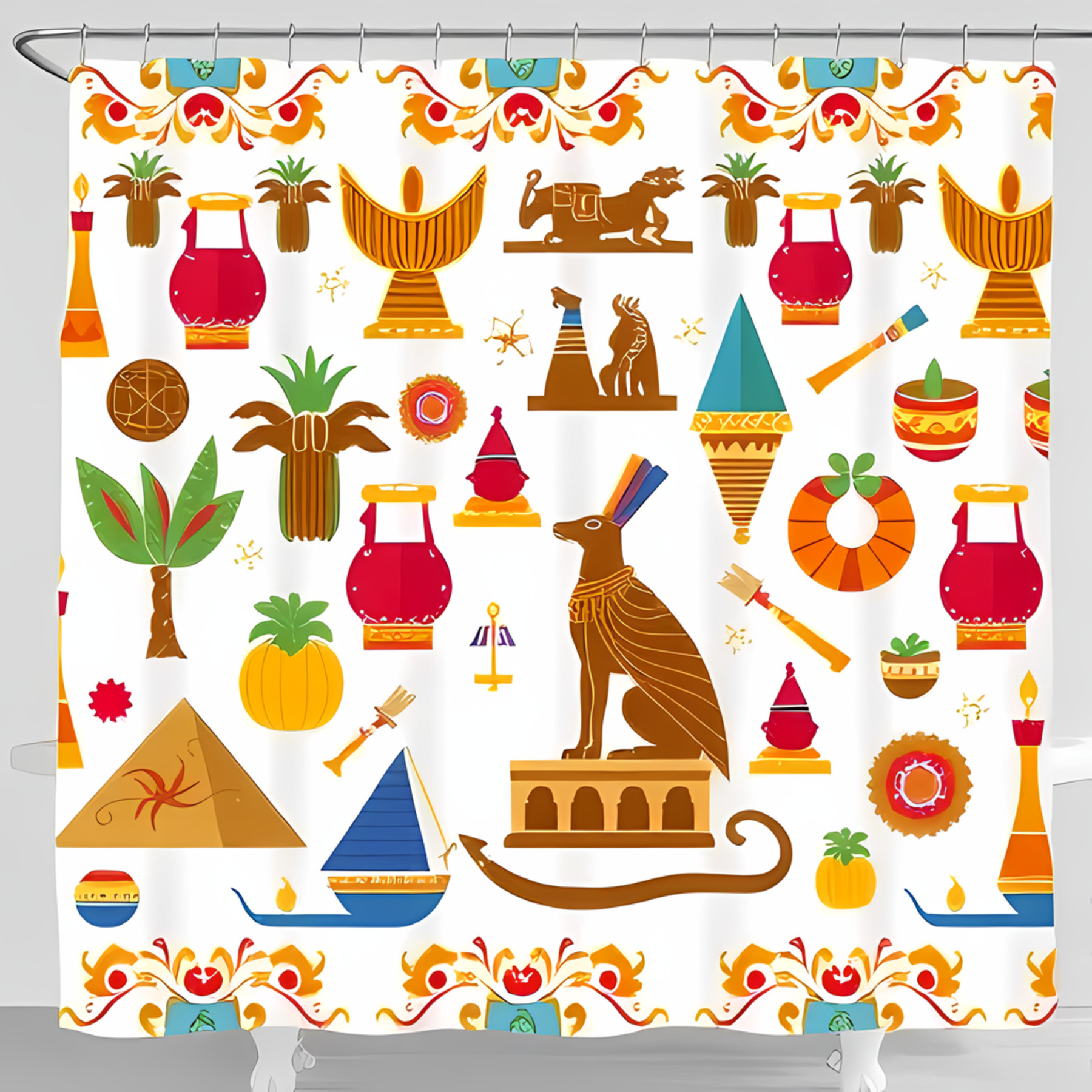 Vibrant Ancient Motif Shower Curtain Playful Design with Trees Pyramids ...