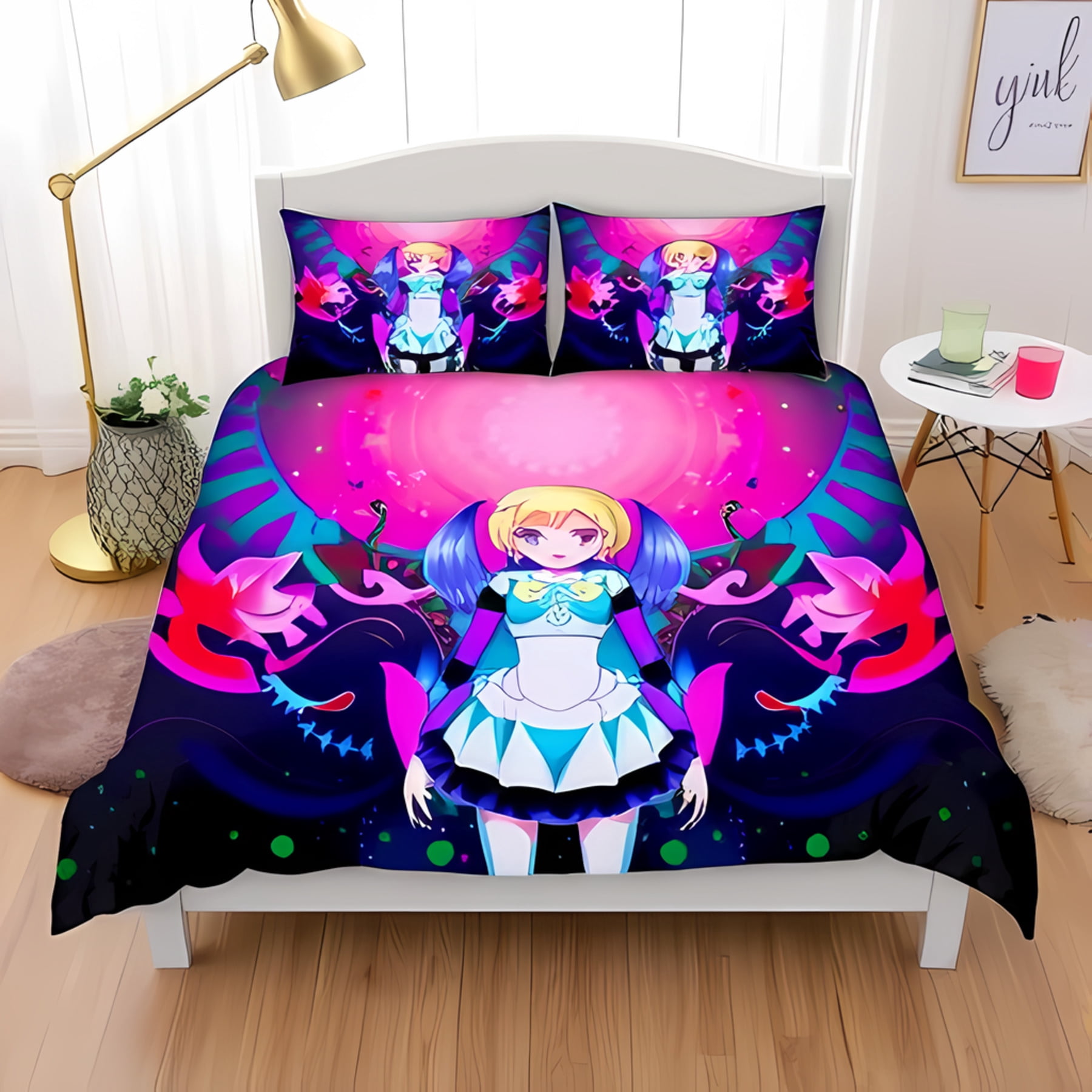 Vibrant Anime 3-Piece Duvet Cover Set - Girl with Wings & Pink ...