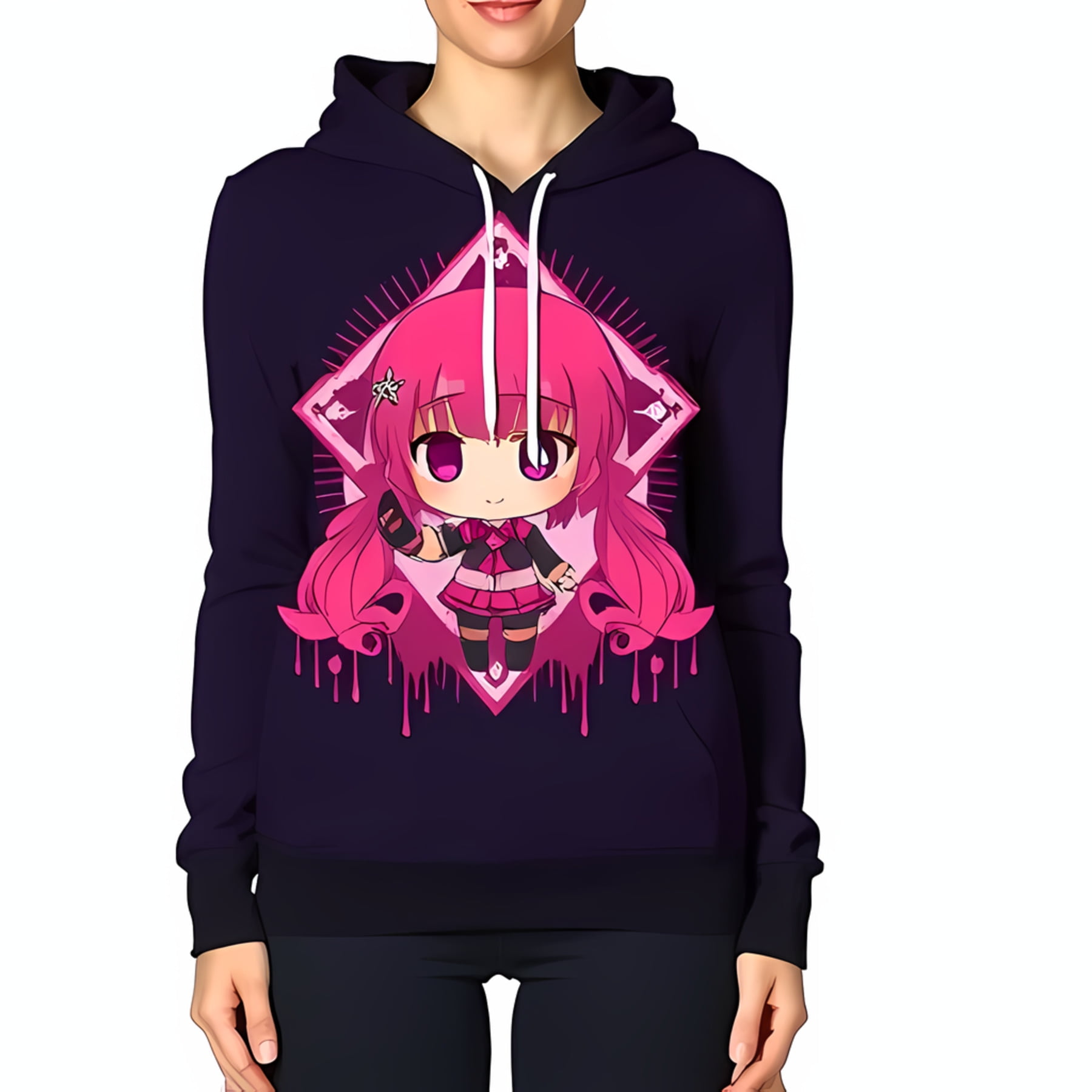 Vibrant Anime Girl 3D Hoodie - Dark Purple with Geometric Dripping ...