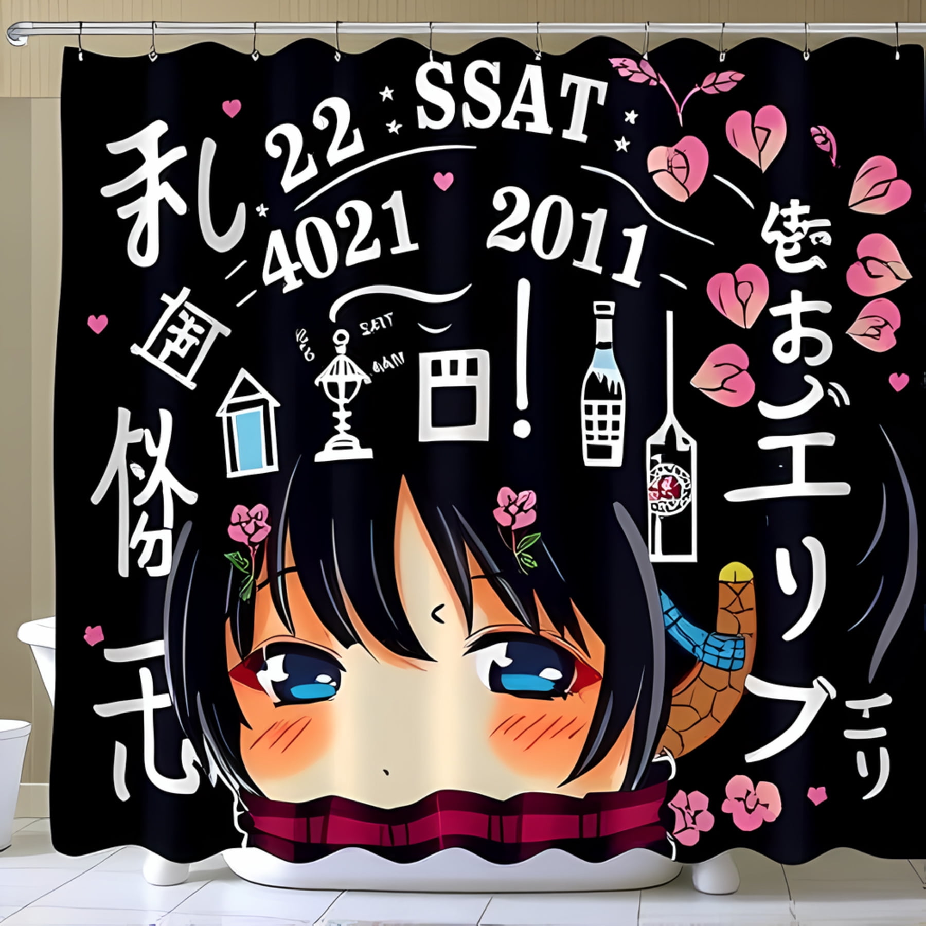 Vibrant Anime Girl Shower Curtain with Japanese Text & Floral Motifs ...