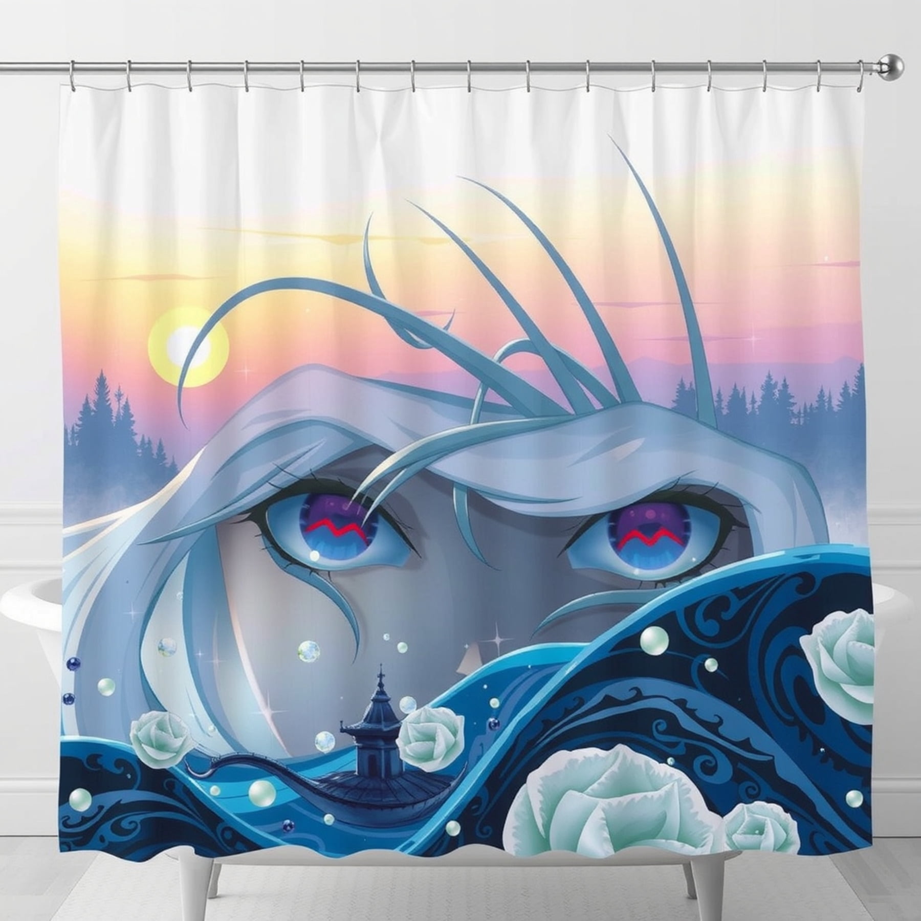 Vibrant Anime Shower Curtain - Serene Character, Sunrise & Water Design ...