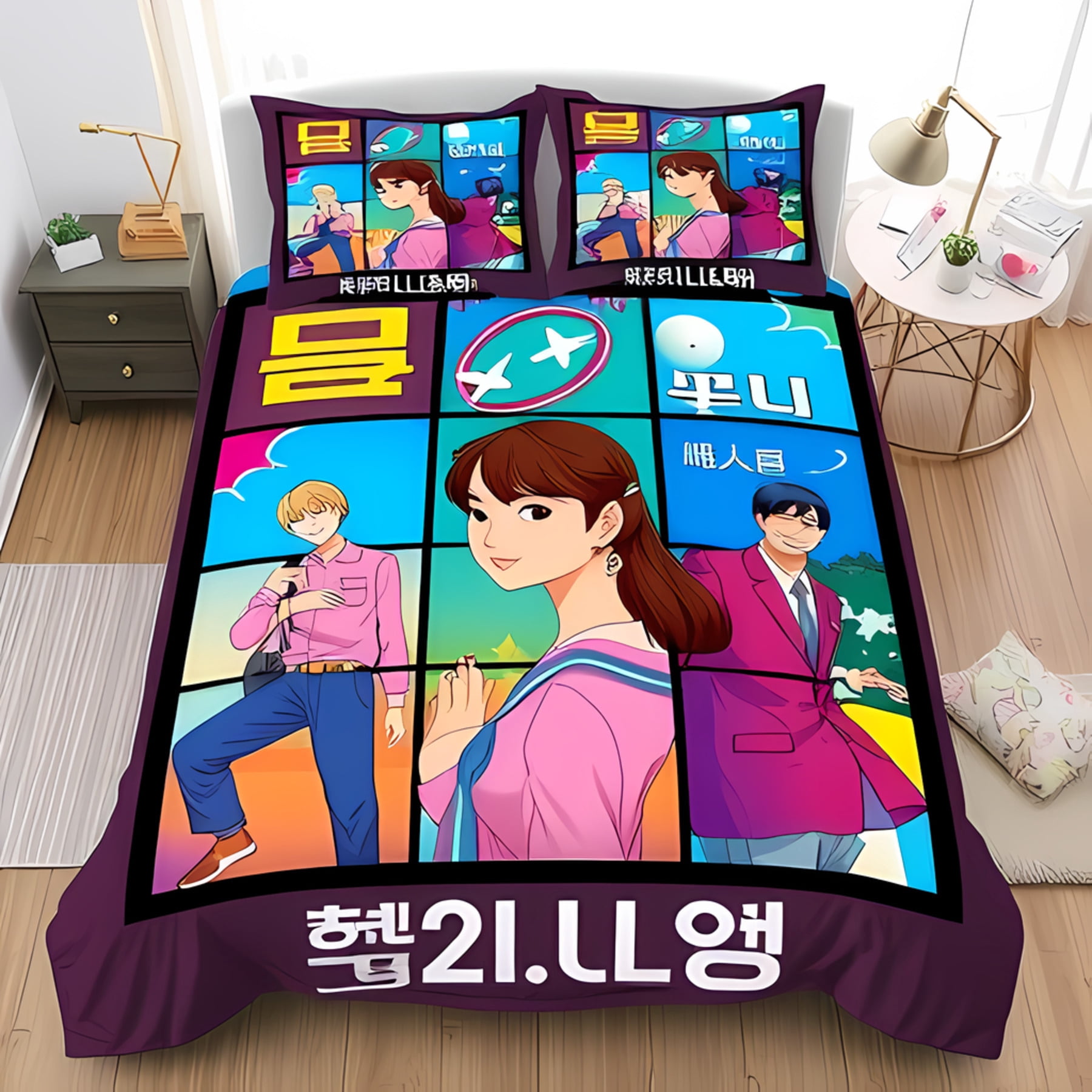 Vibrant Anime-Style Duvet Cover Set with Cartoon Characters & Korean ...
