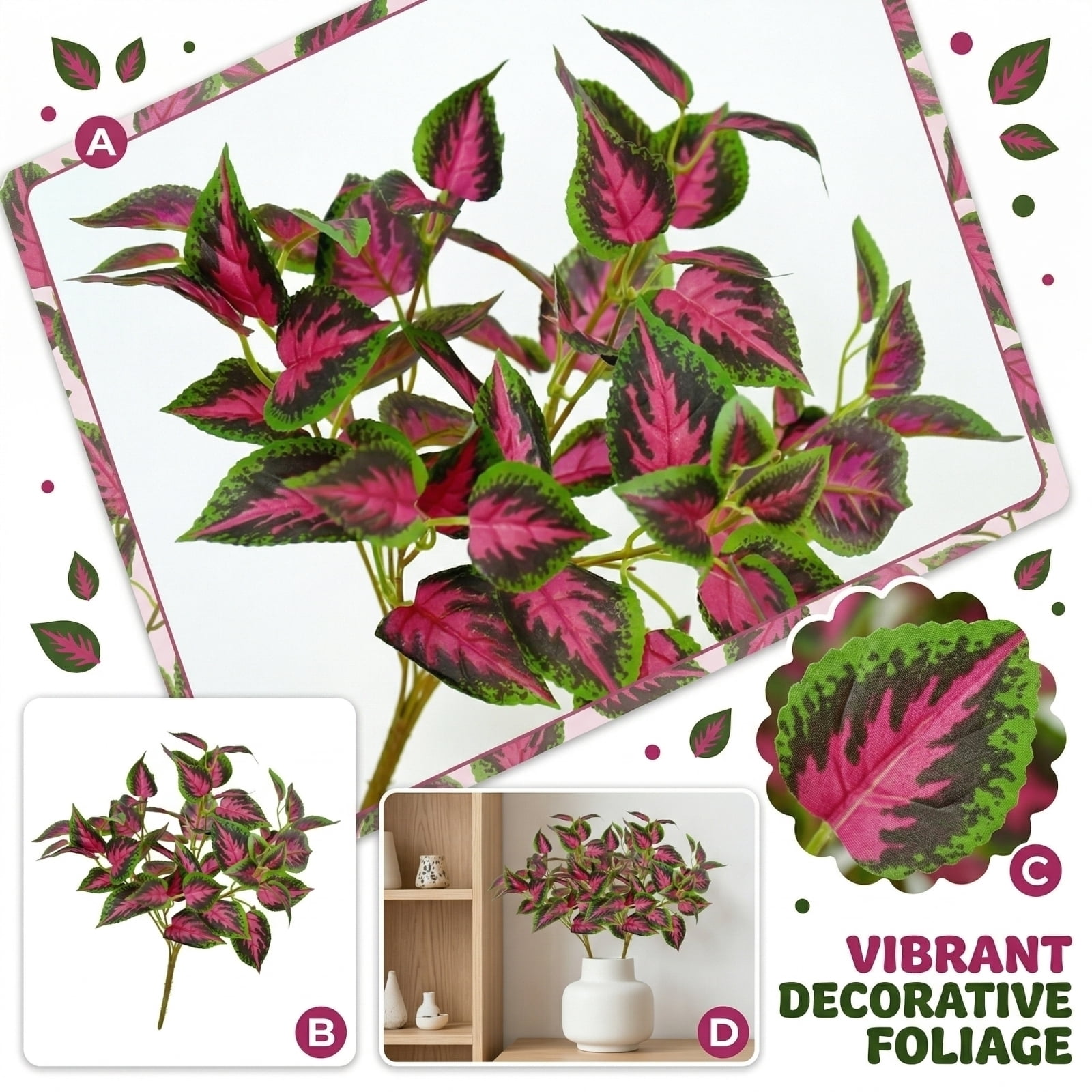 Vibrant Artificial Coleus Foliage, UV Resistant Fake Red‑Green Leaf ...