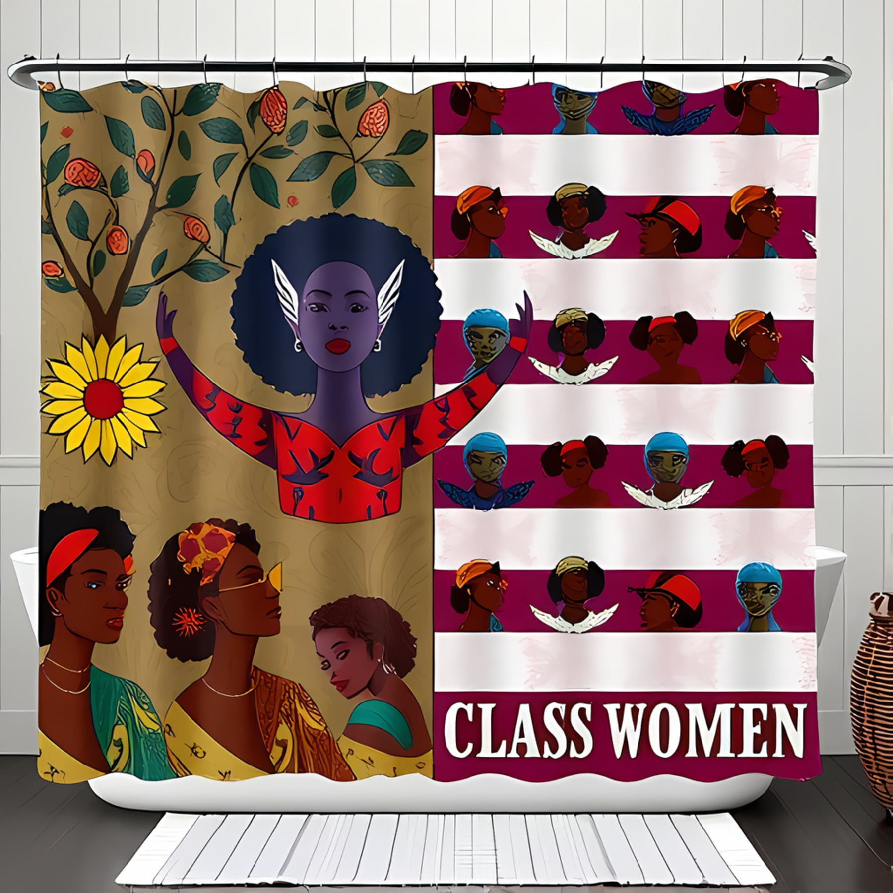Vibrant Artistic Shower Curtain with Afro Woman Illustration Colorful ...