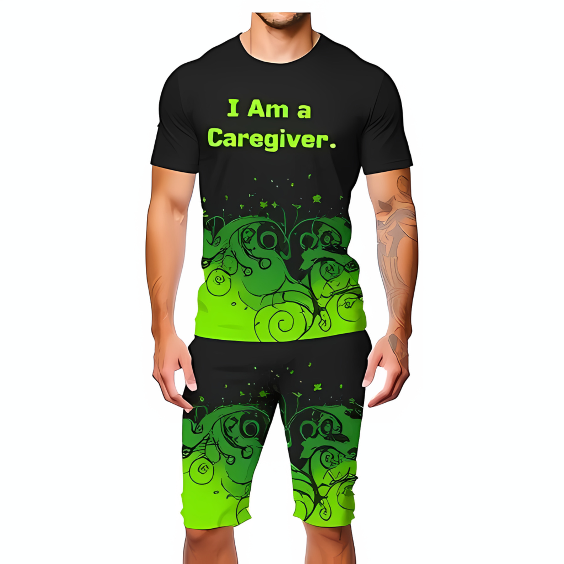 Vibrant Athletic T-Shirt and Shorts Set - Dark Base with Green Abstract ...