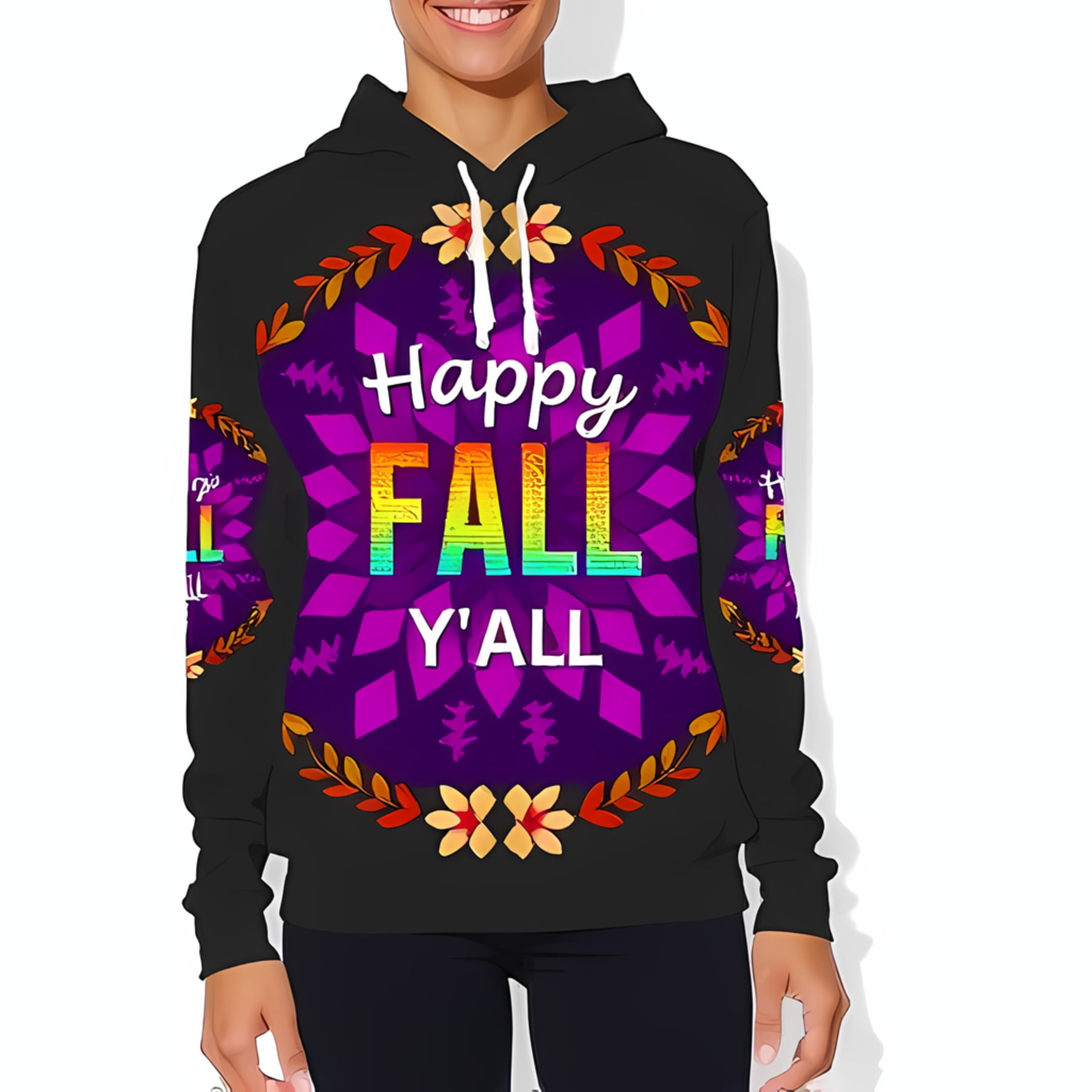 Vibrant Autumn 3D Hoodie with Purple Circular Motif & Rainbow 'Happy ...