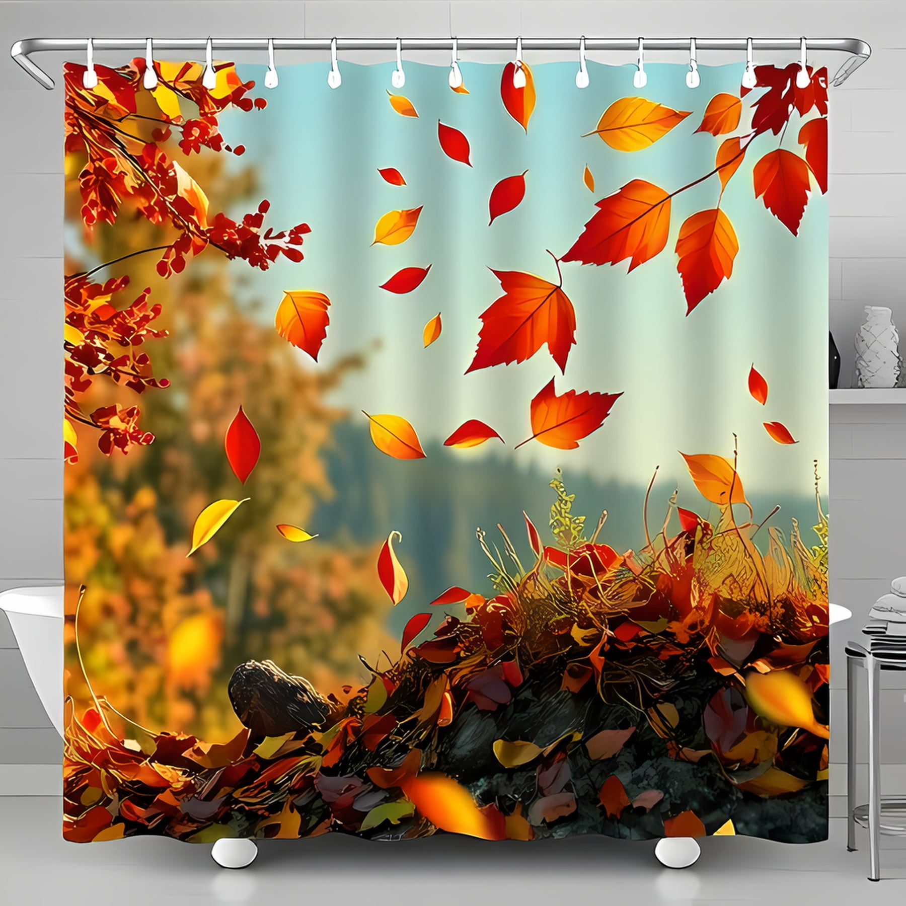 Vibrant Autumn Shower Curtain - Falling Leaves in Red Orange & Yellow ...