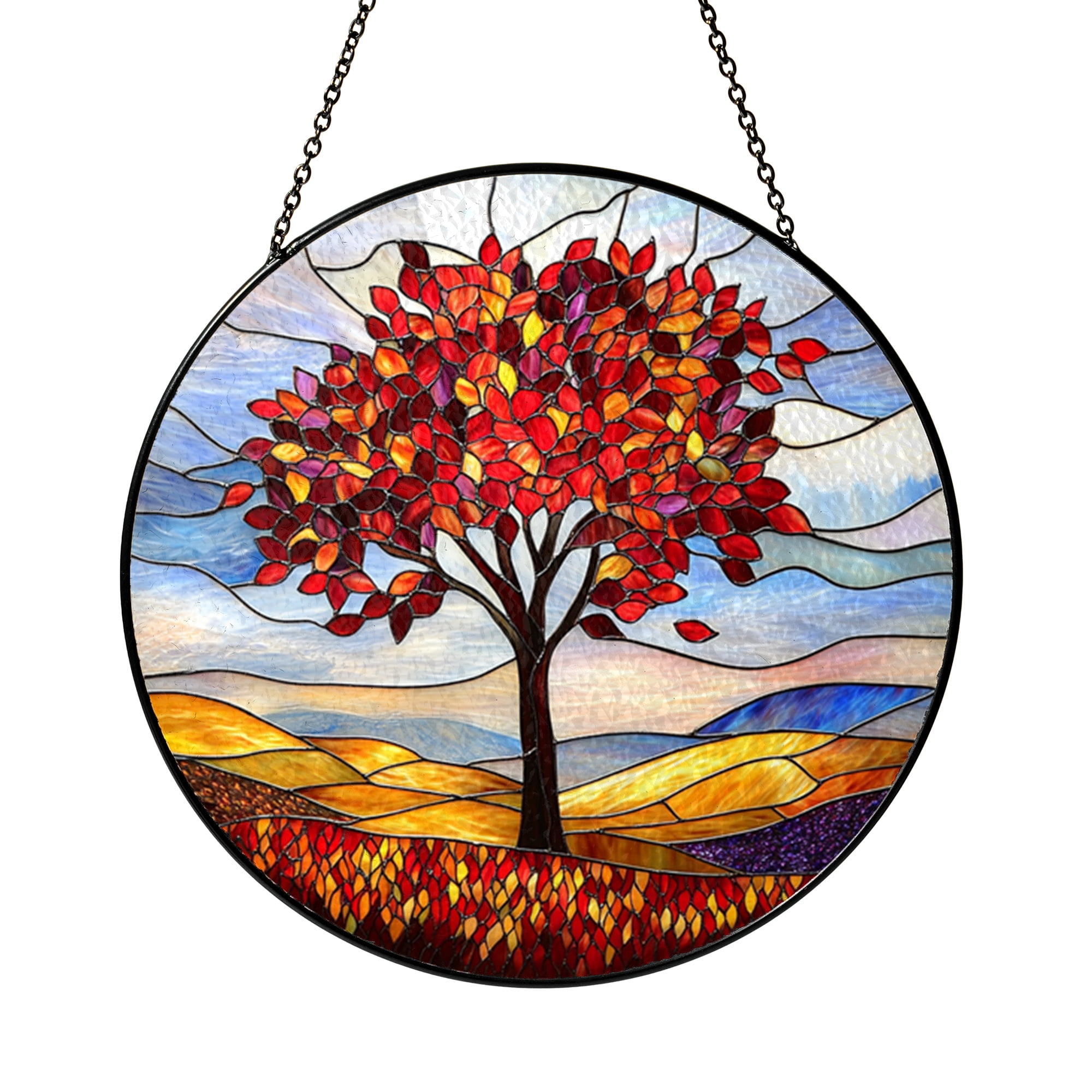 Vibrant Autumn Tree Stained Glass Panel with Scenic Hillside, Fall ...