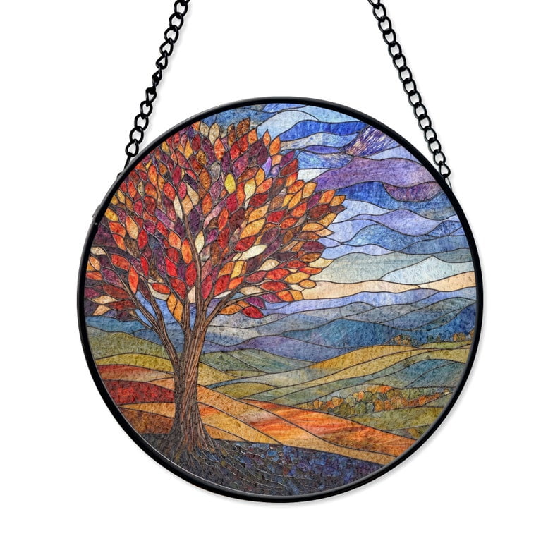 Vibrant Autumn Tree Stained Glass Panel with Scenic Hillside – Unique ...