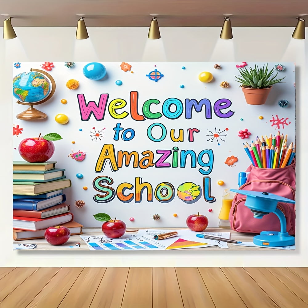 Vibrant Back to School Party Backdrop -Polyester Fabric, Colorful ...