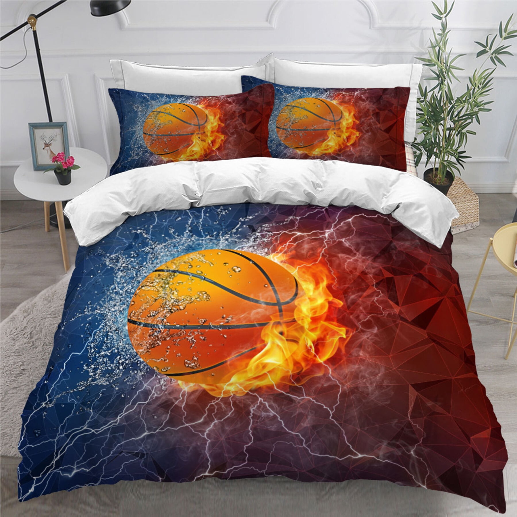 Vibrant Basketball Bedding Set Flames & Water Splashes Design Lightning ...