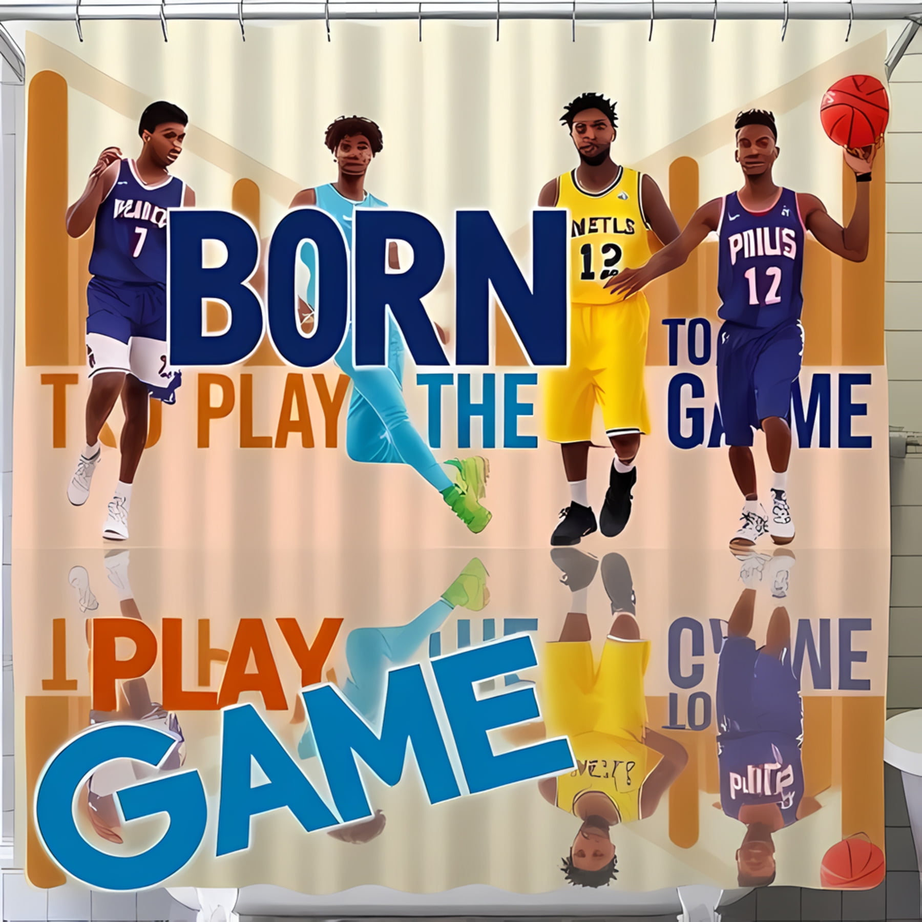 Vibrant Basketball Shower Curtain with Player Graphics & " BORN TO PLAY ...