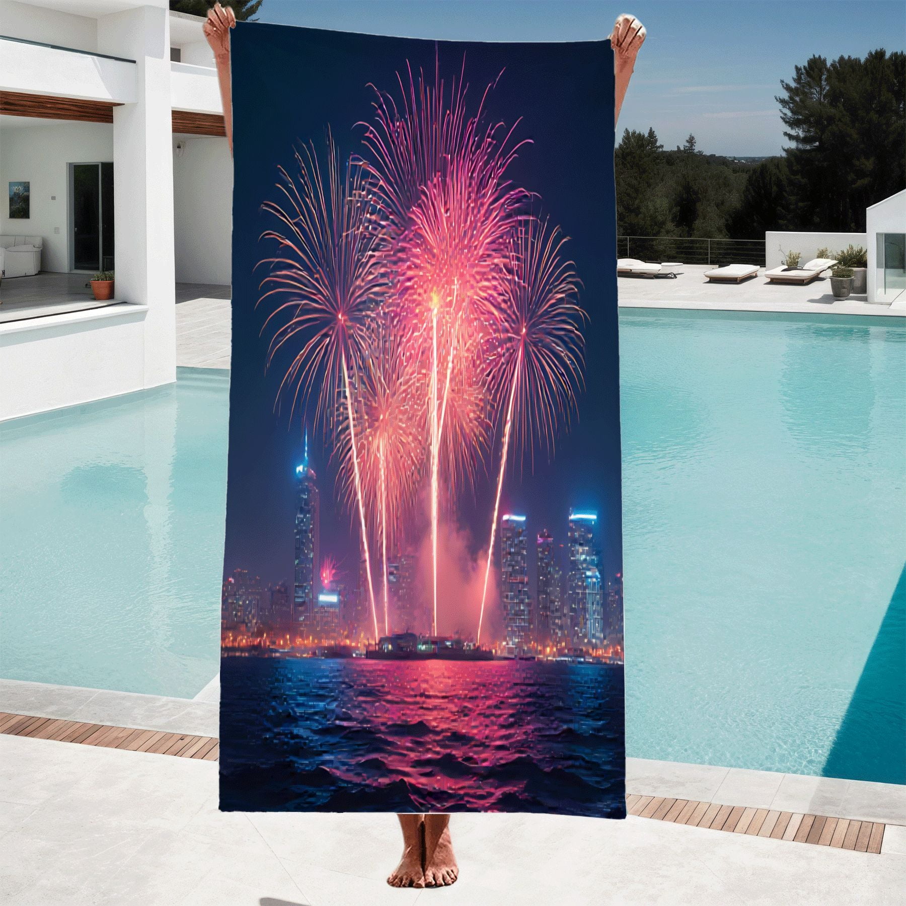 Vibrant Beach & Pool Towel - Colorful Fireworks Pattern Design Perfect ...