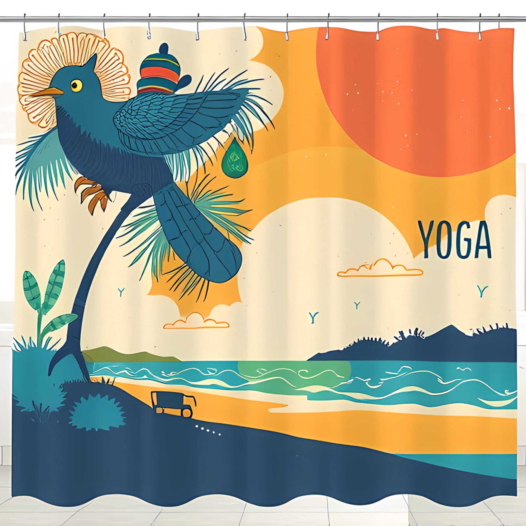 Vibrant Beach Scene Shower Curtain with Whimsical Blue Bird Trees and ...