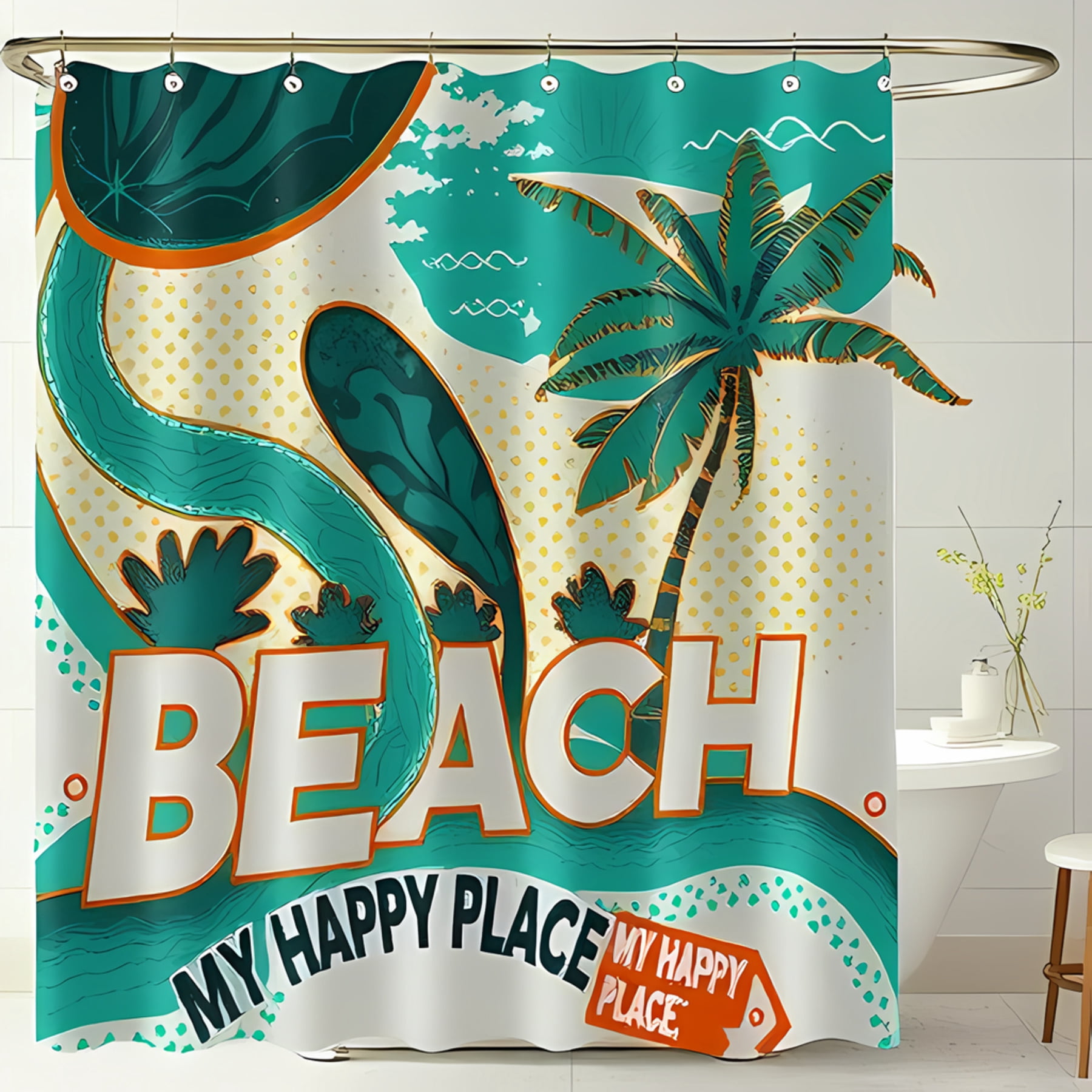 Vibrant Beach-Themed Shower Curtain with Bold 'BEACH' Text Tropical ...