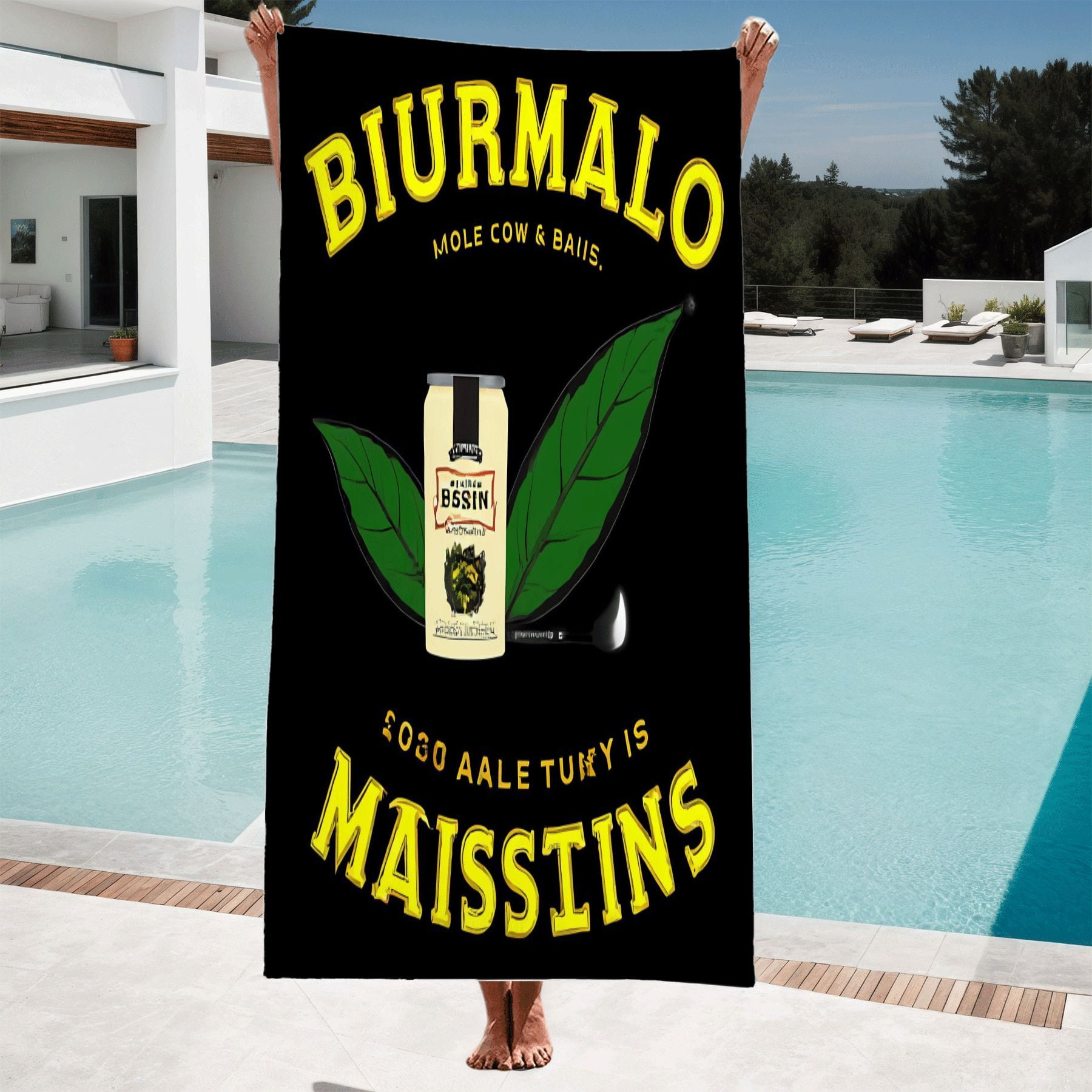 Vibrant Beach Towel with Bold Yellow Text & Green Leaf Design - Perfect ...