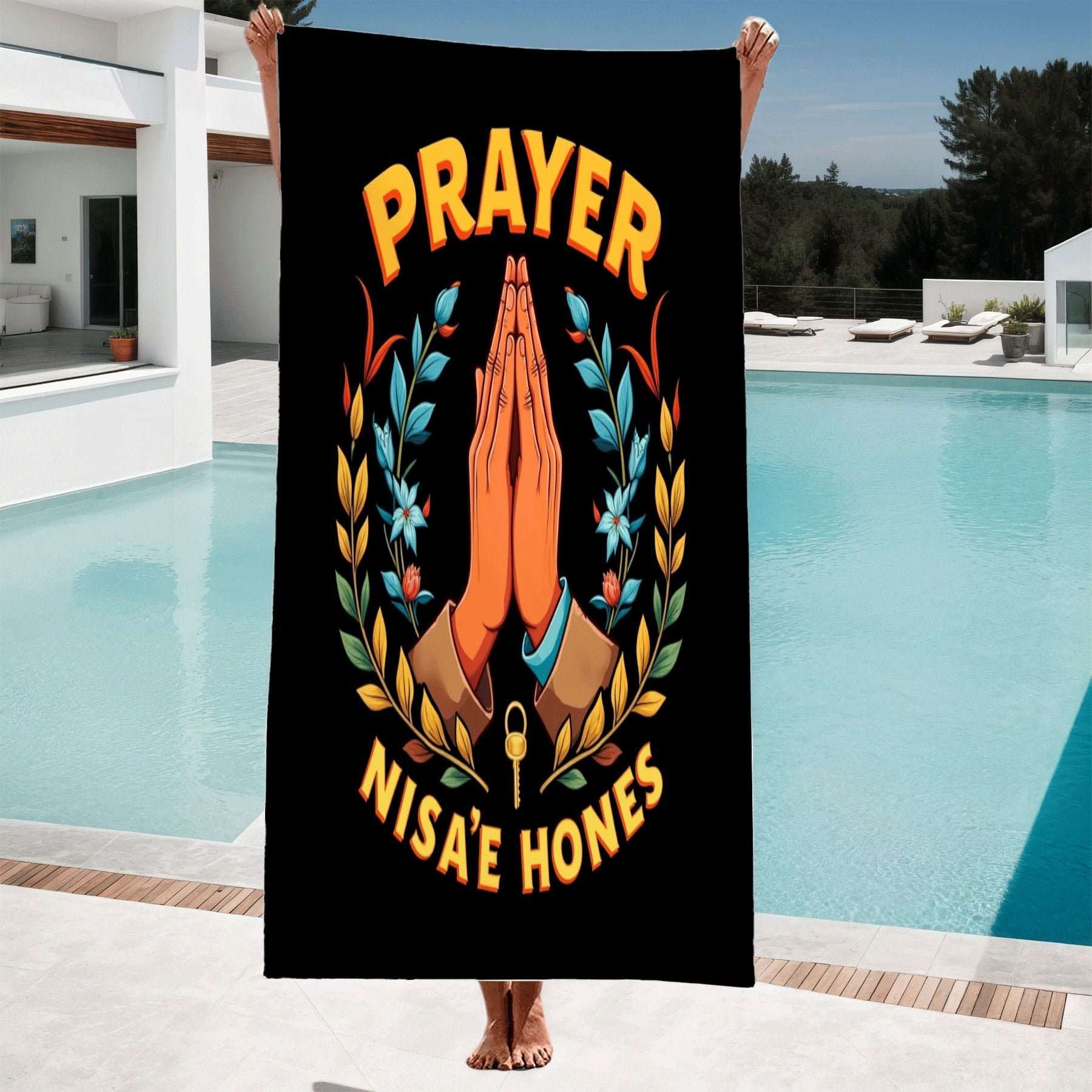 Vibrant Beach Towel with Hands in Prayer Design Surrounded by Floral ...