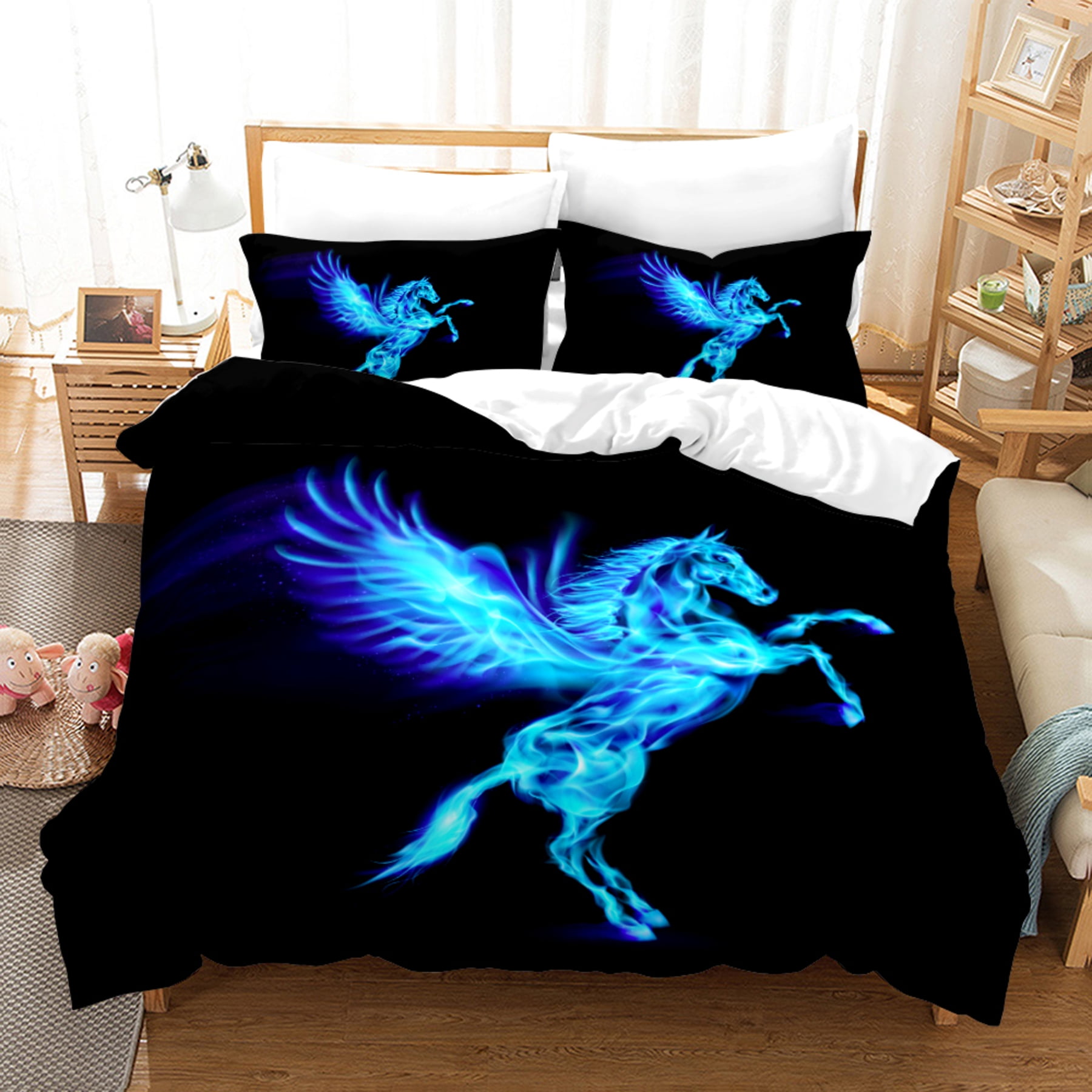 Vibrant Bedding Set Azure Flame Design on Black Background Includes ...