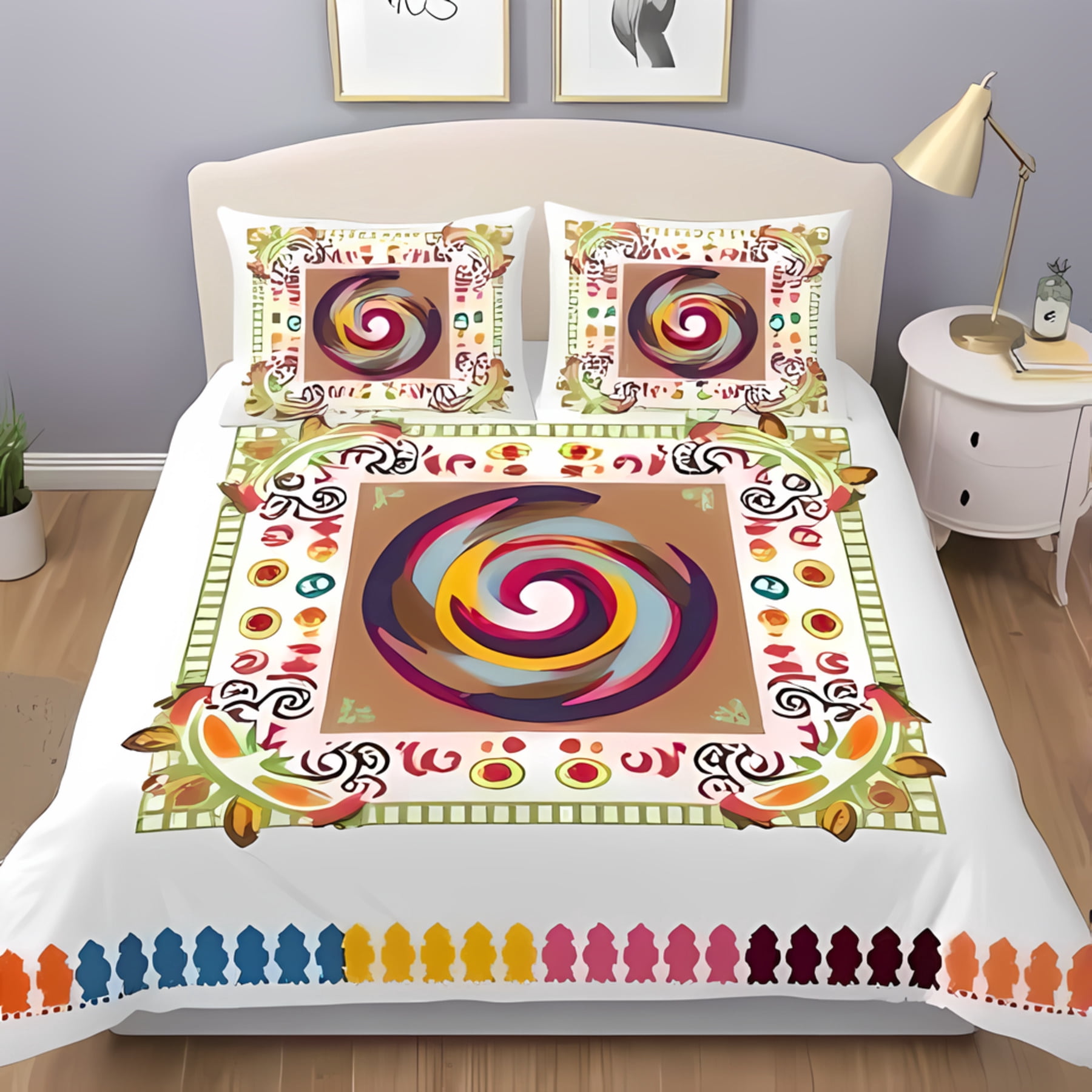 Vibrant Bedding Set with Swirling Patterns & Floral Motifs Colorful ...
