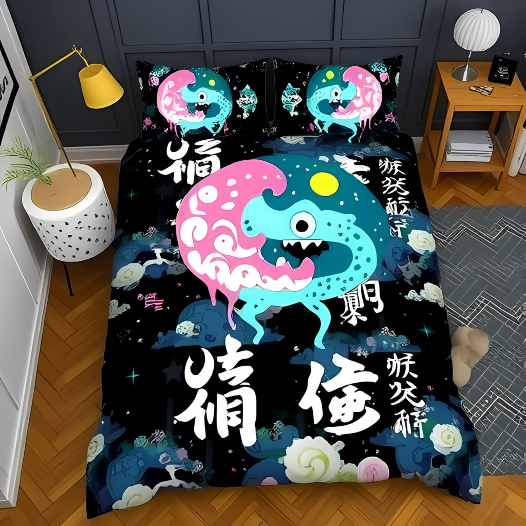 Vibrant Bedspread Set Teal & Pink Design with Calligraphy & Patterns ...
