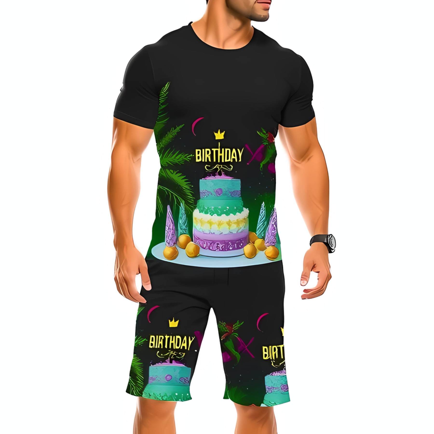 Vibrant Birthday Cake Graphic T-Shirt and Shorts Set - Fun Party Outfit ...