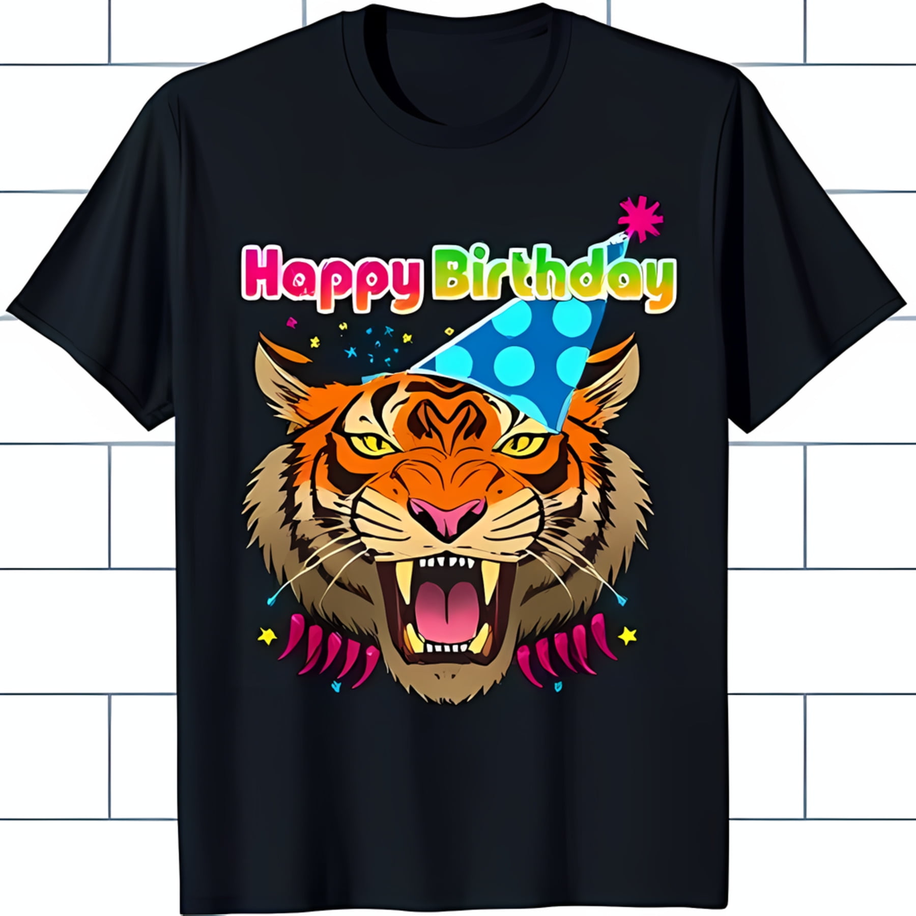 Vibrant Birthday T-Shirt in Party Hat Colorful 'Happy Birthday' Design ...