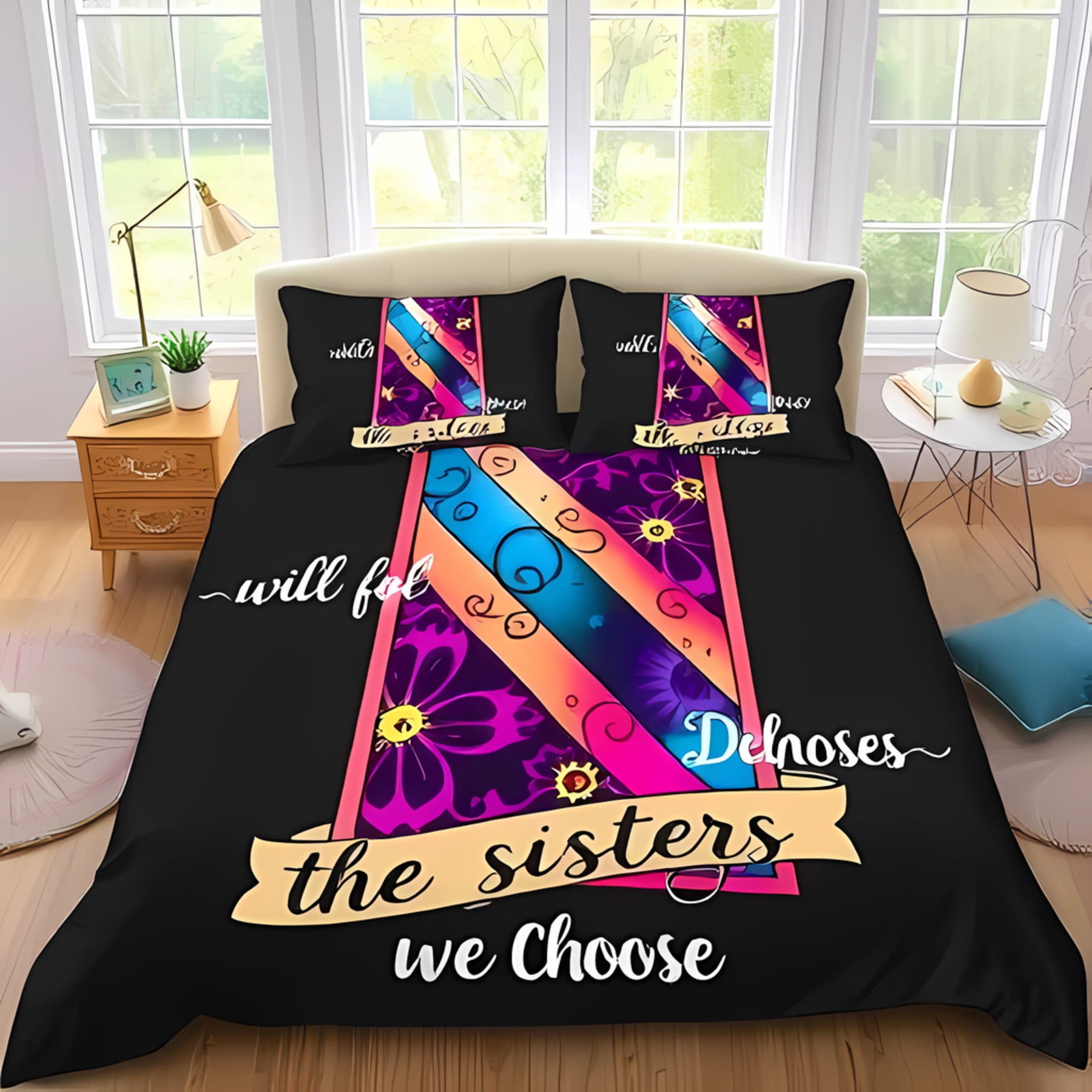 Vibrant Black 3-Piece Duvet Cover Set with Colorful Floral Motifs ...