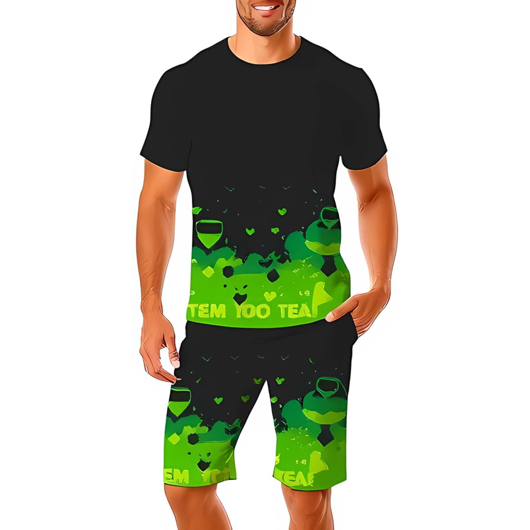 Vibrant Black Athletic T-Shirt & Shorts Set with Green Abstract ...